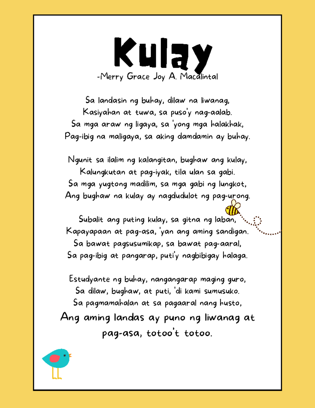 Colourful Bold Number One Poem and Worksheet (8.5 x 11 in) -Merry Grace ...