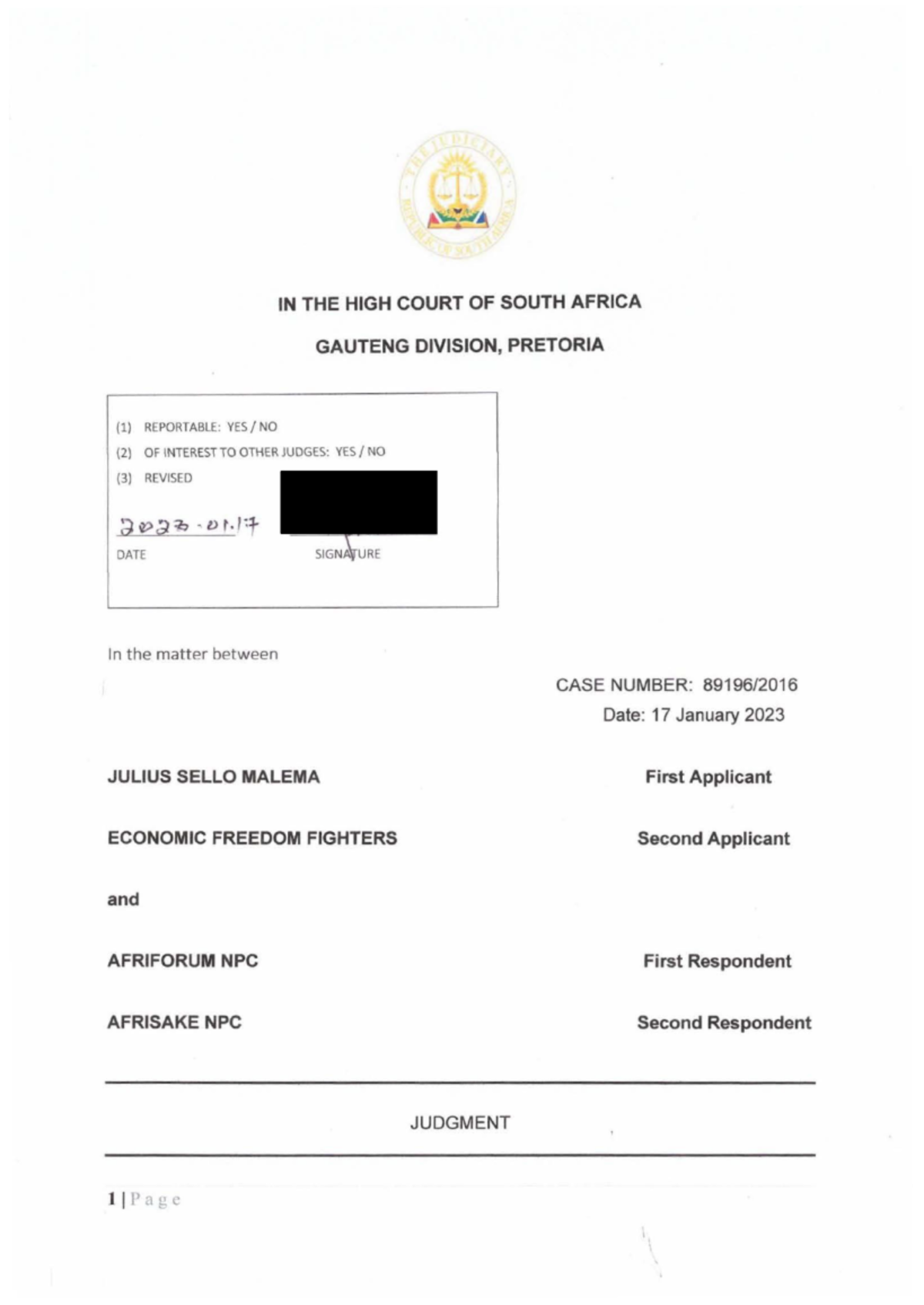 Malema v Afriforum - case law - SECURITY IN THE HIGH COURT OF SOUTH ...