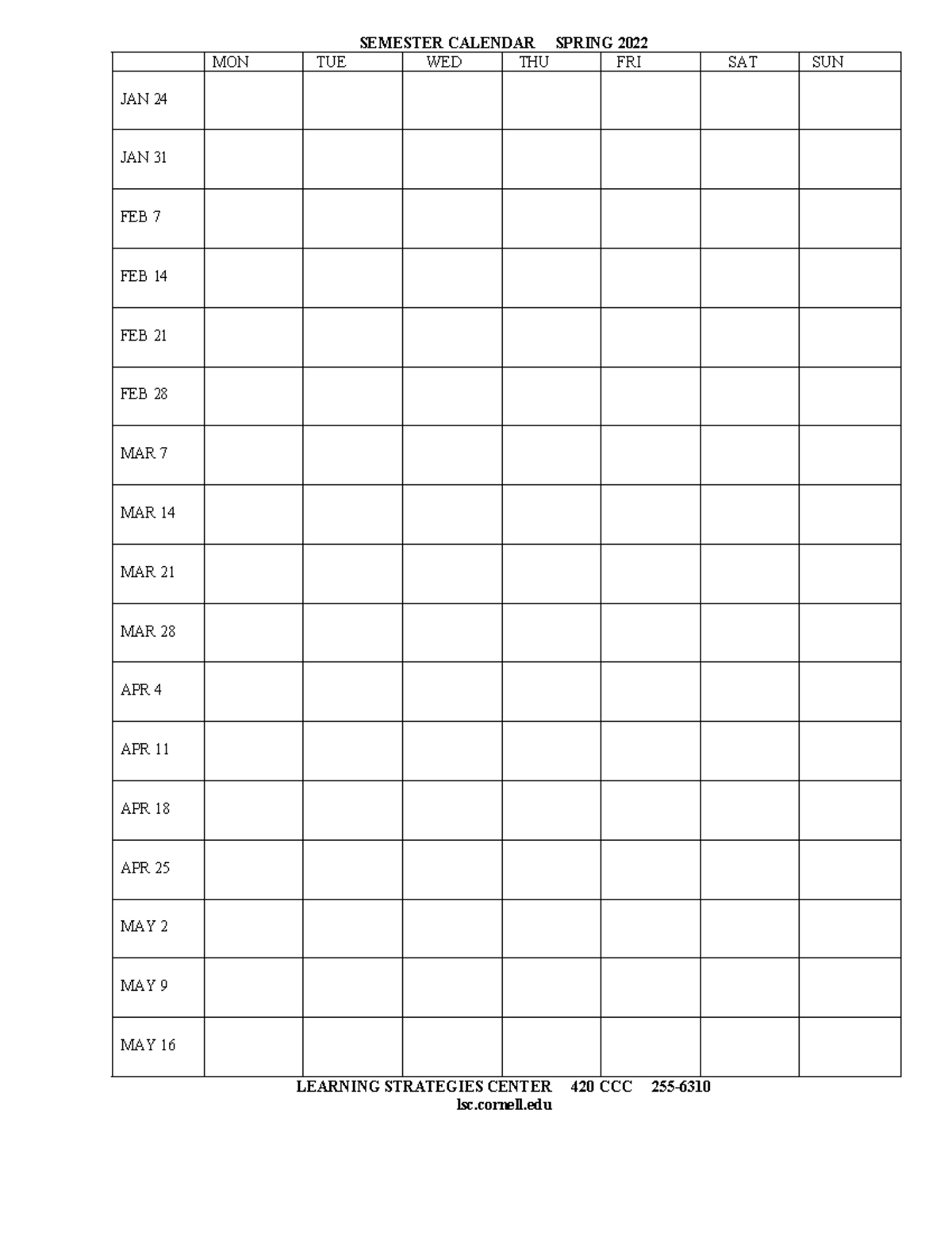 Spring-2022-calendar - MON TUE WED THU FRI SAT SUN - SEMESTER CALENDAR ...