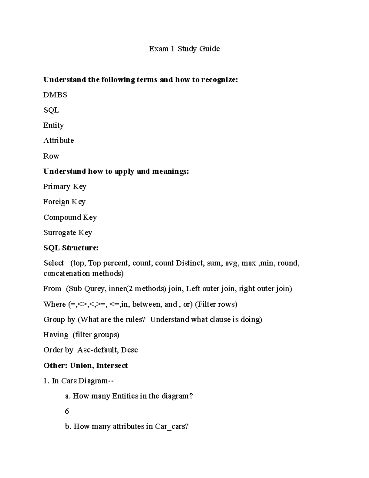 Study guide Exam 1 - Copy - Exam 1 Study Guide Understand the following ...