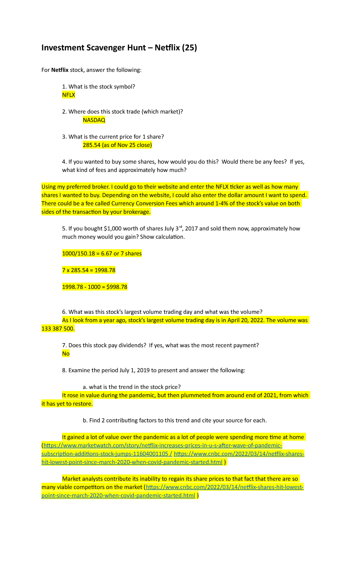 Investment Scavenger Hunt - Netflix - What is the stock symbol? NFLX 2 ...