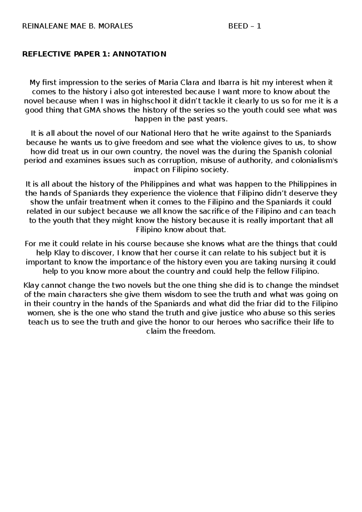 Annotation Morales - REINALEANE MAE B. MORALES BEED – 1 REFLECTIVE ...