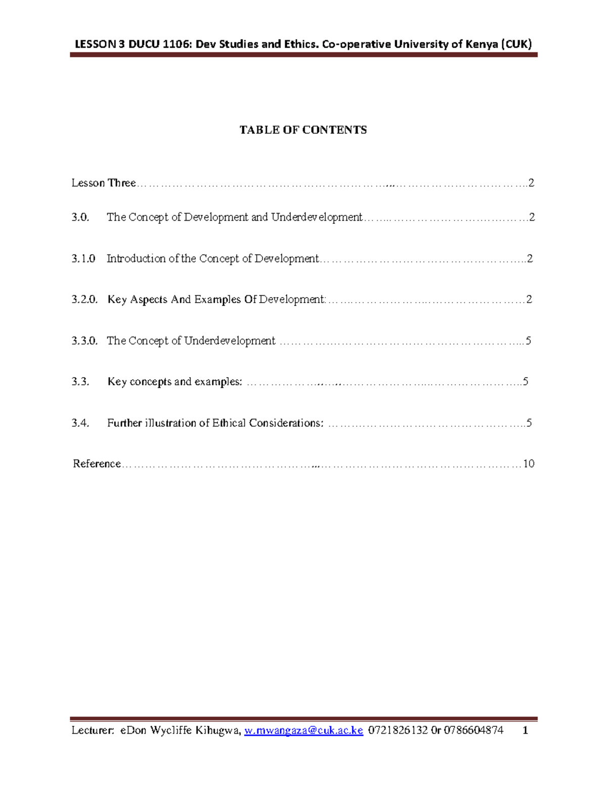 Concept of Development and underdevelopment - TABLE OF CONTENTS Lesson ...