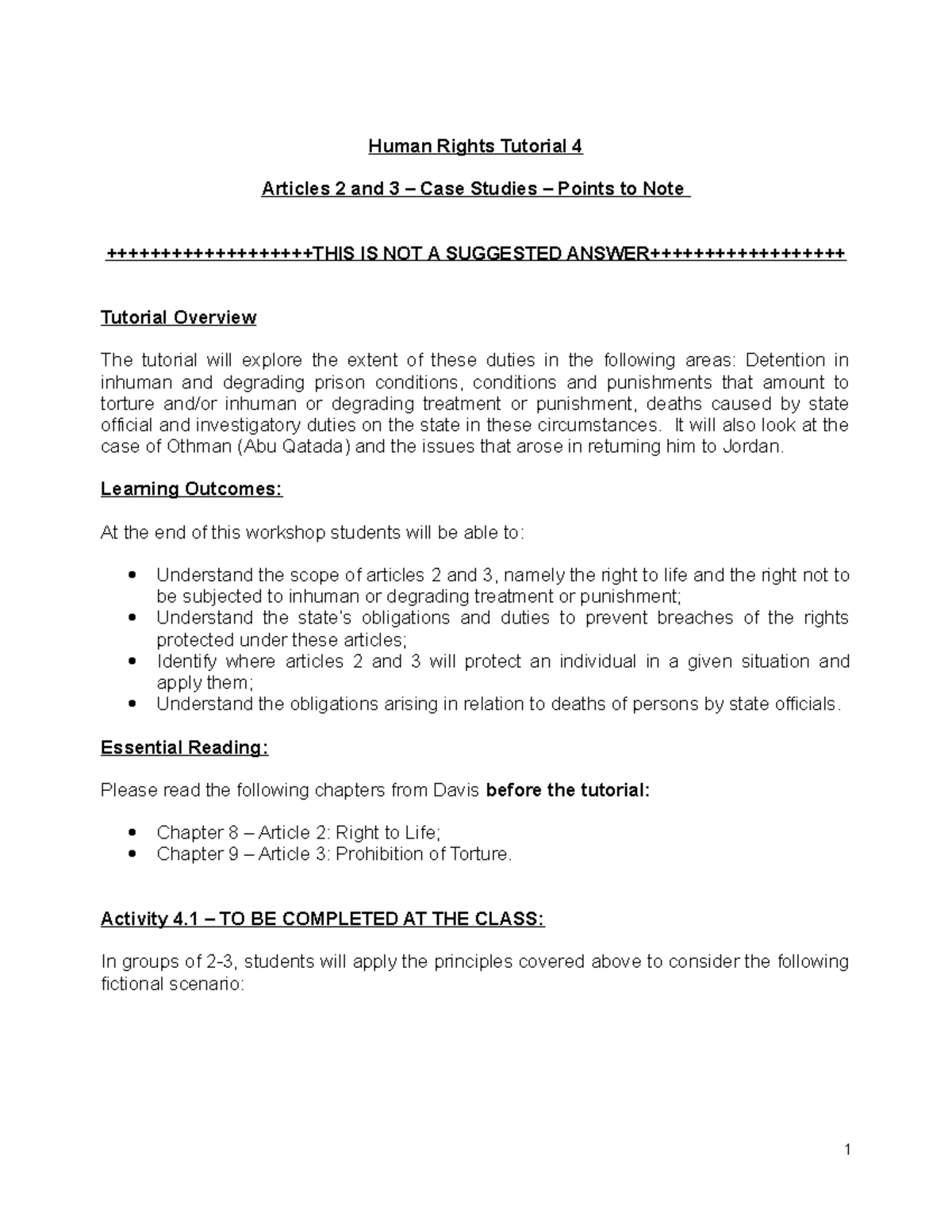 Human Rights 2019 20 Week 4 - Points to Note - Human Rights Tutorial 4 ...