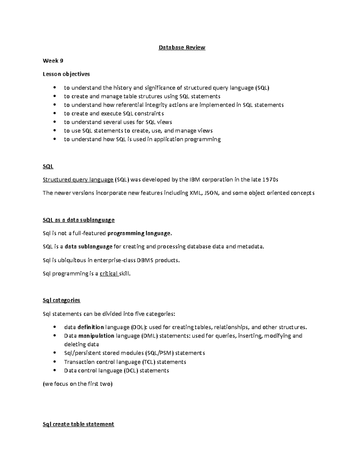 Database Review - Database Review Week 9 Lesson objectives to ...