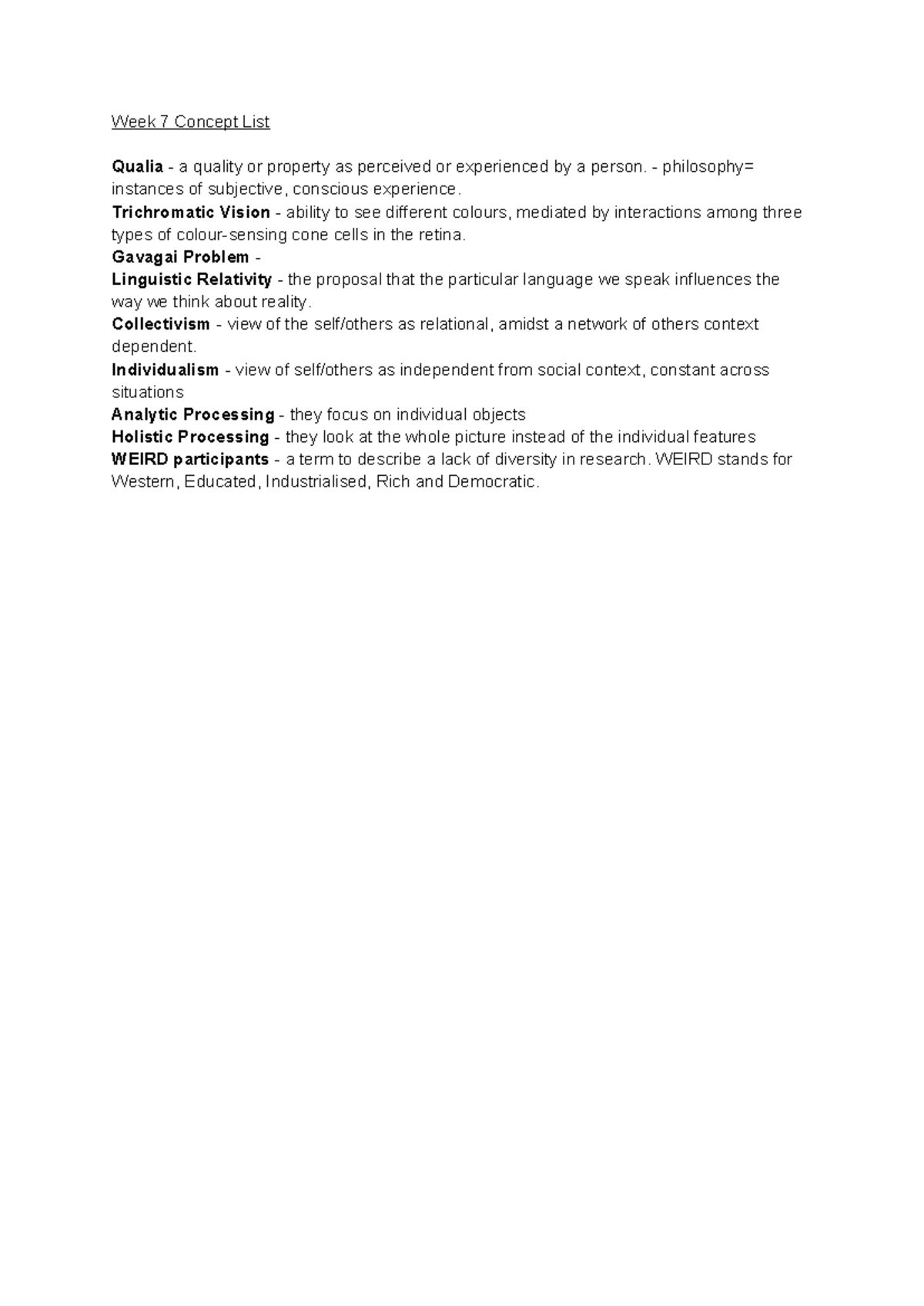 Week 7 concept list - Week 7 Concept List Qualia - a quality or ...