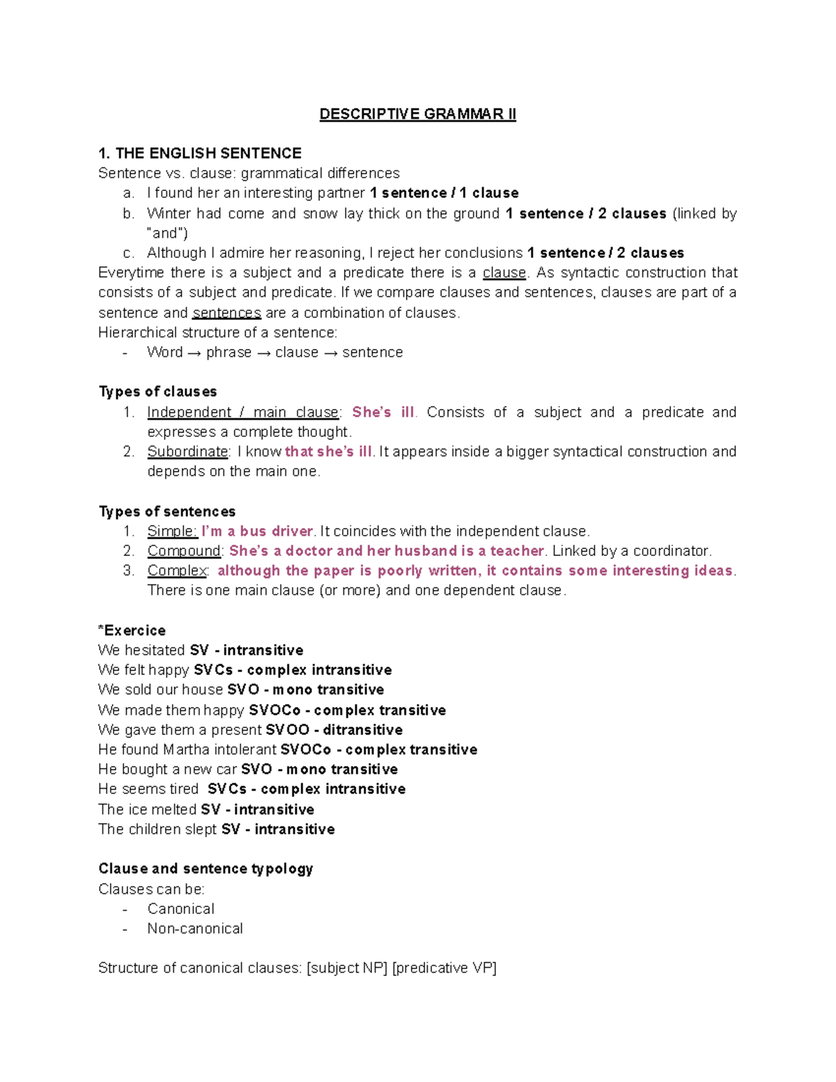 Descriptive Grammar II - DESCRIPTIVE GRAMMAR II 1. THE ENGLISH SENTENCE ...