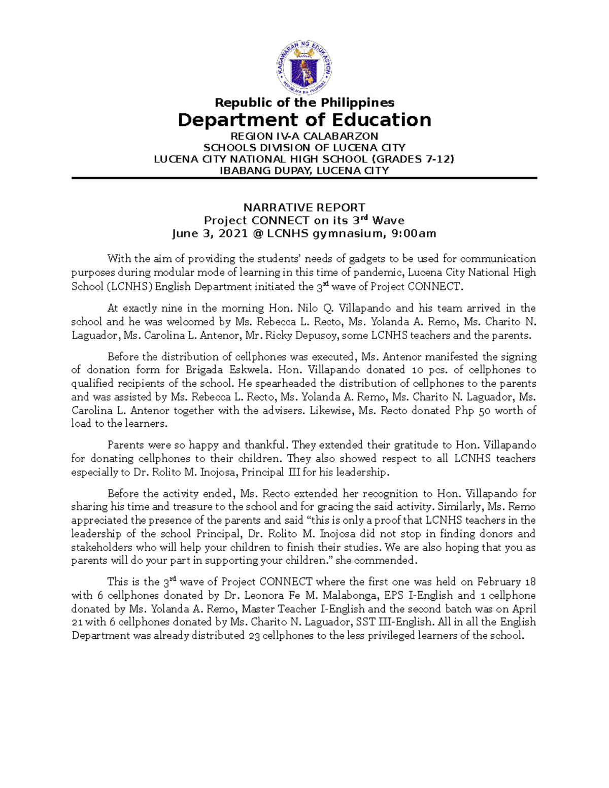 2project connect narrative report for SBM purposes - Republic of the ...