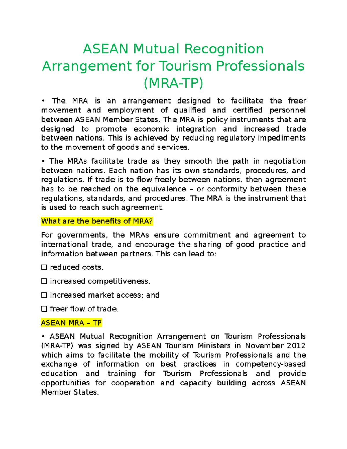 Asean Mutual Recognition Arrangement for Tourism Professionals (MRA-TP ...