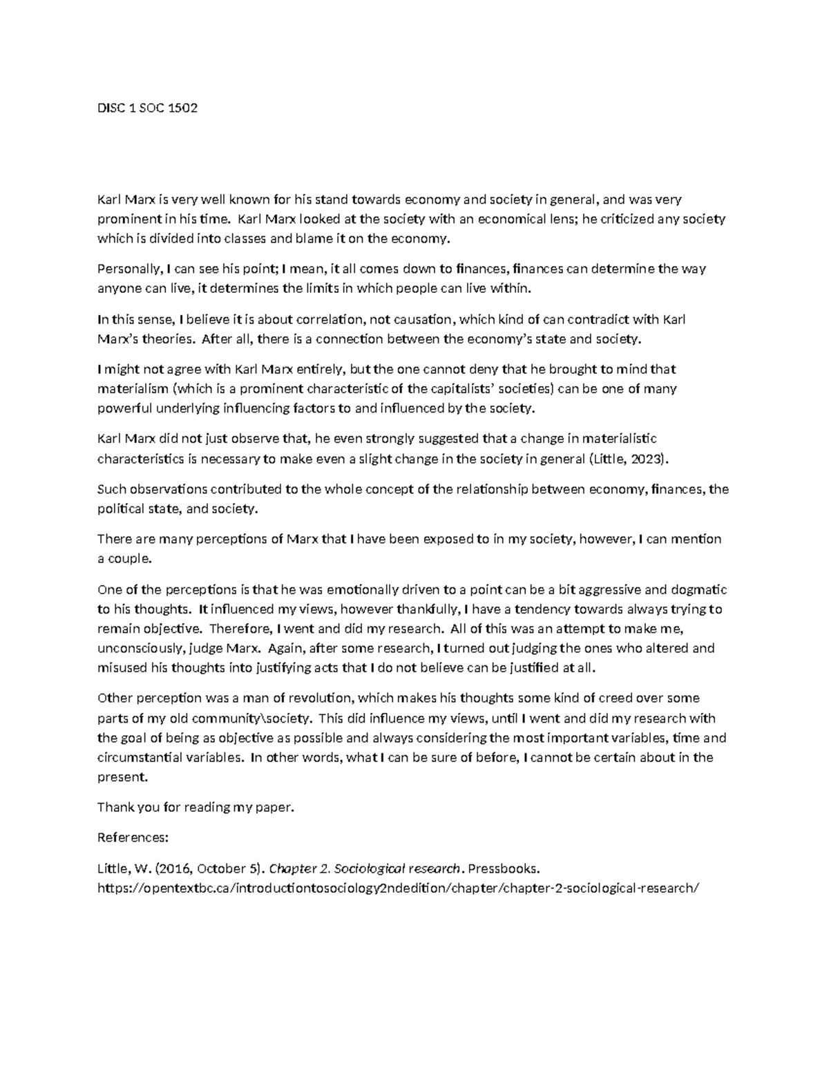 DISC 1 SOC 1502 - discussion post unit 1 - DISC 1 SOC 1502 Karl Marx is ...