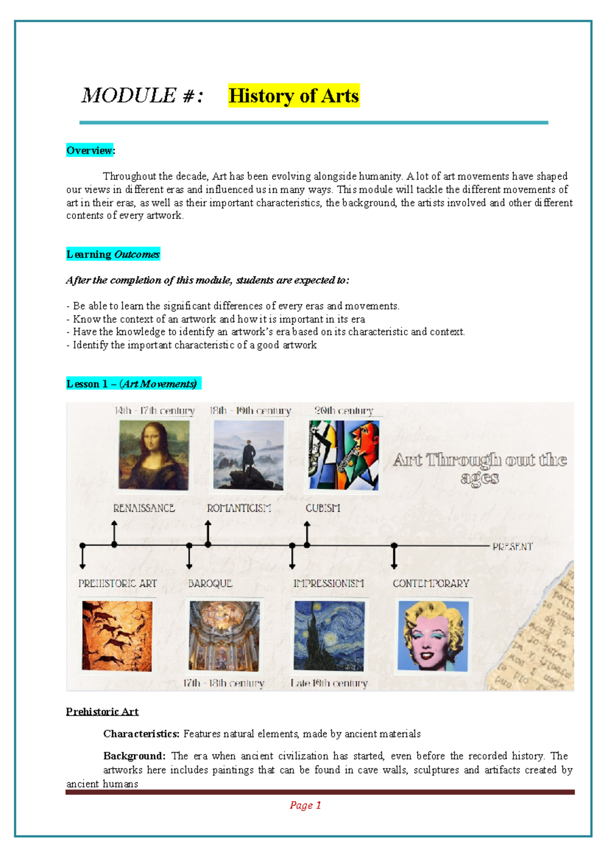 Art history mopad module - MODULE #: History of Arts Overview ...
