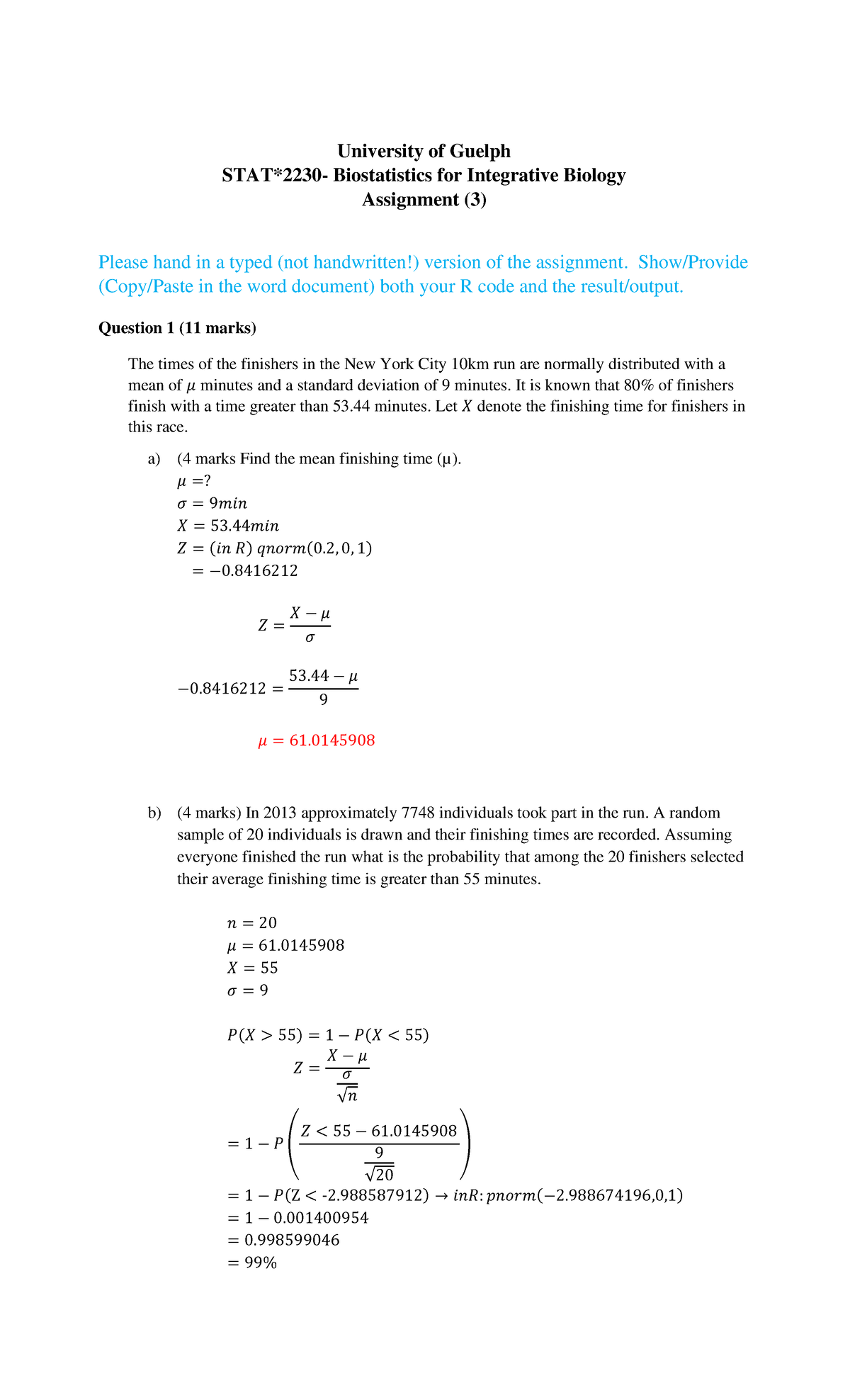 STAT 2230 assignment 3 - University of Guelph STAT*2230- Biostatistics for Integrative Biology ...