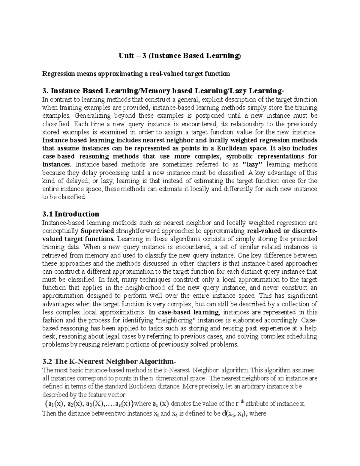 Unit 3 Part 2 Lecture Notes 1 Unit 3 Instance Based Learning Regression Means