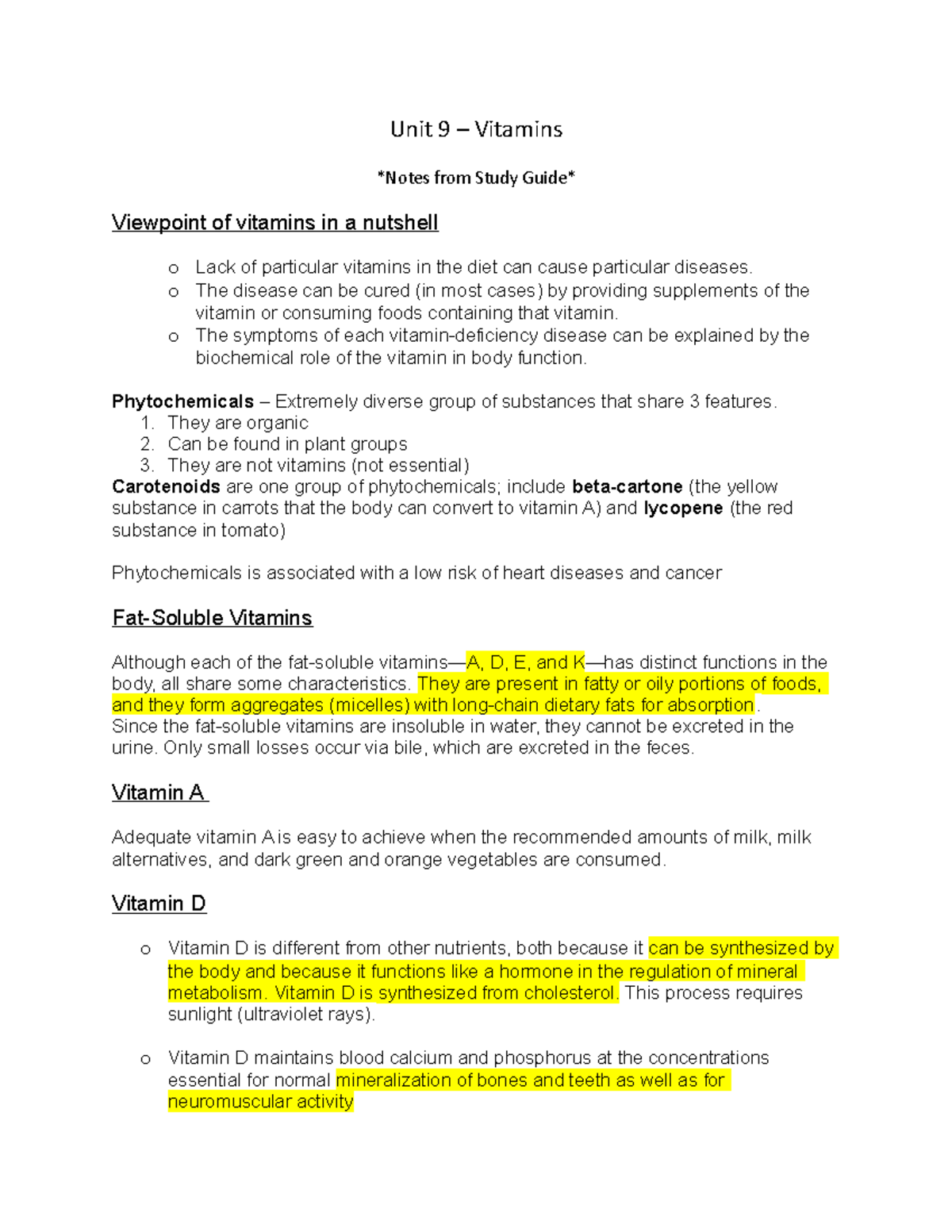 NUTR Unit9-15 - NOTES FROM UNIT 9 TO 15 - Unit 9 – Vitamins Notes from ...