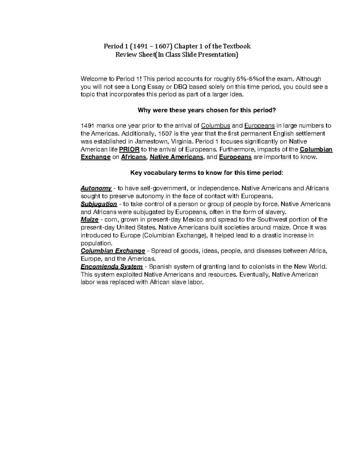 Period-1-1491-–-1607-Review-Sheet - Period 1 (1491 – 1607) Chapter 1 of ...