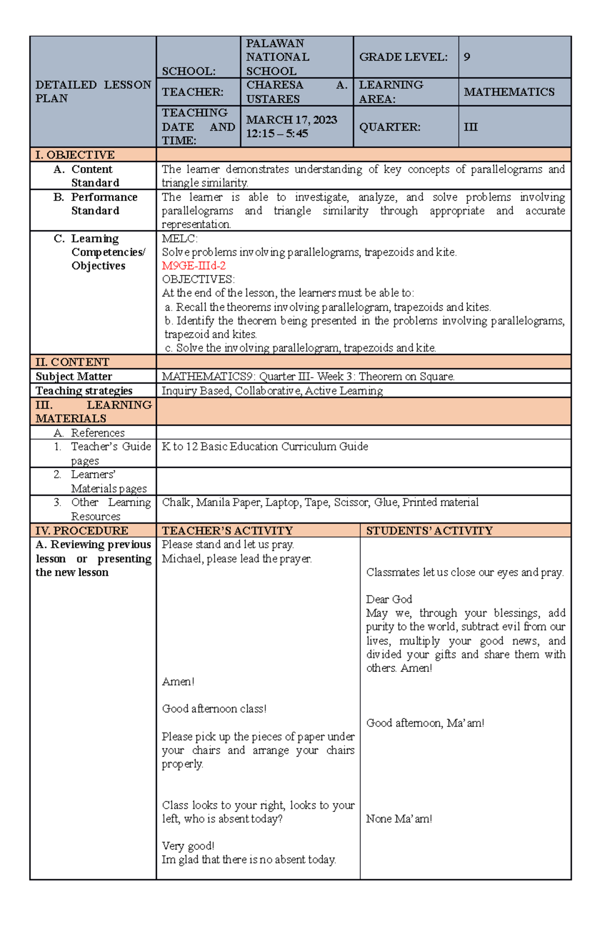 Square - DETAILED LESSON PLAN SCHOOL: PALAWAN NATIONAL SCHOOL GRADE ...