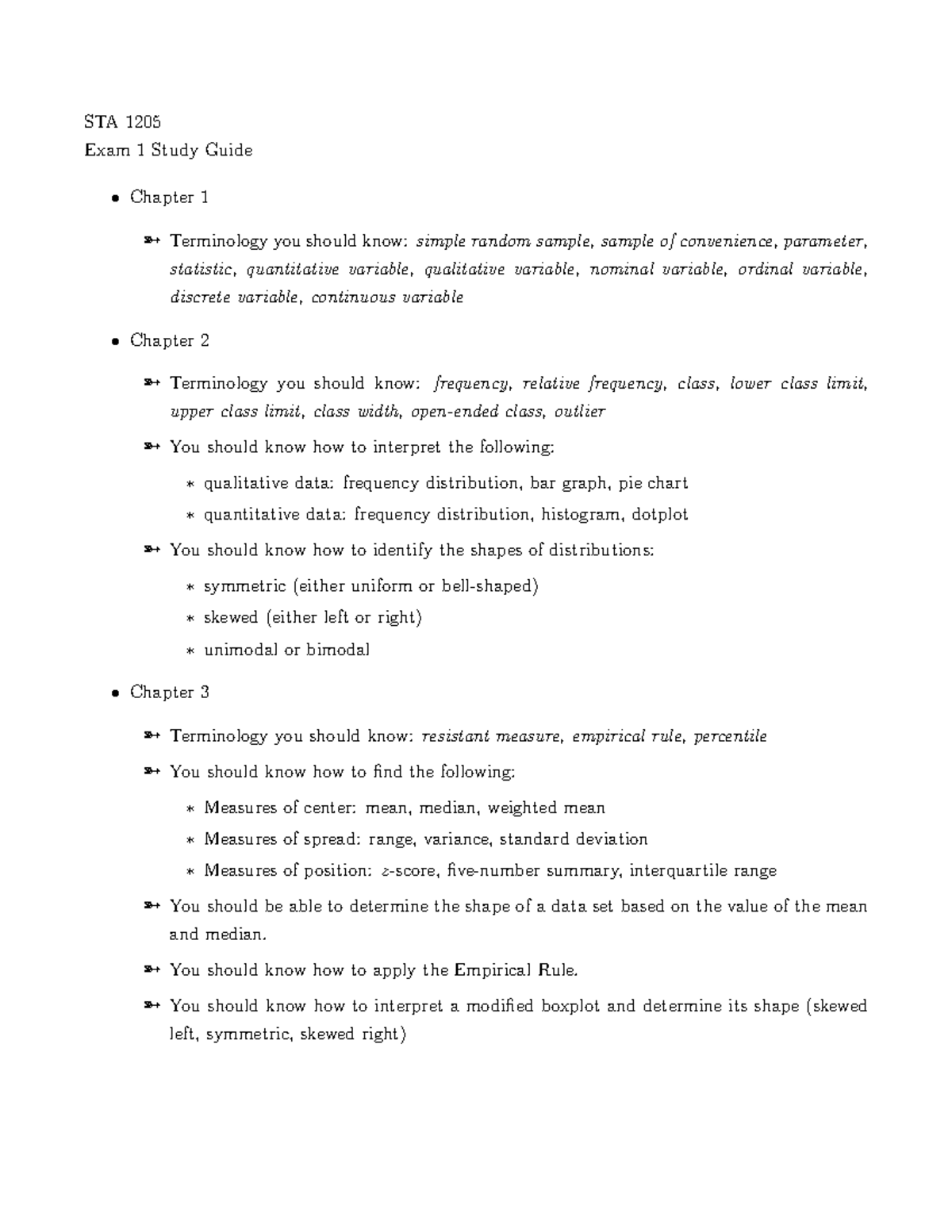 Exam 1 Study Guide - Professor Ryan Lee - STA 1205 Exam 1 Study Guide ...
