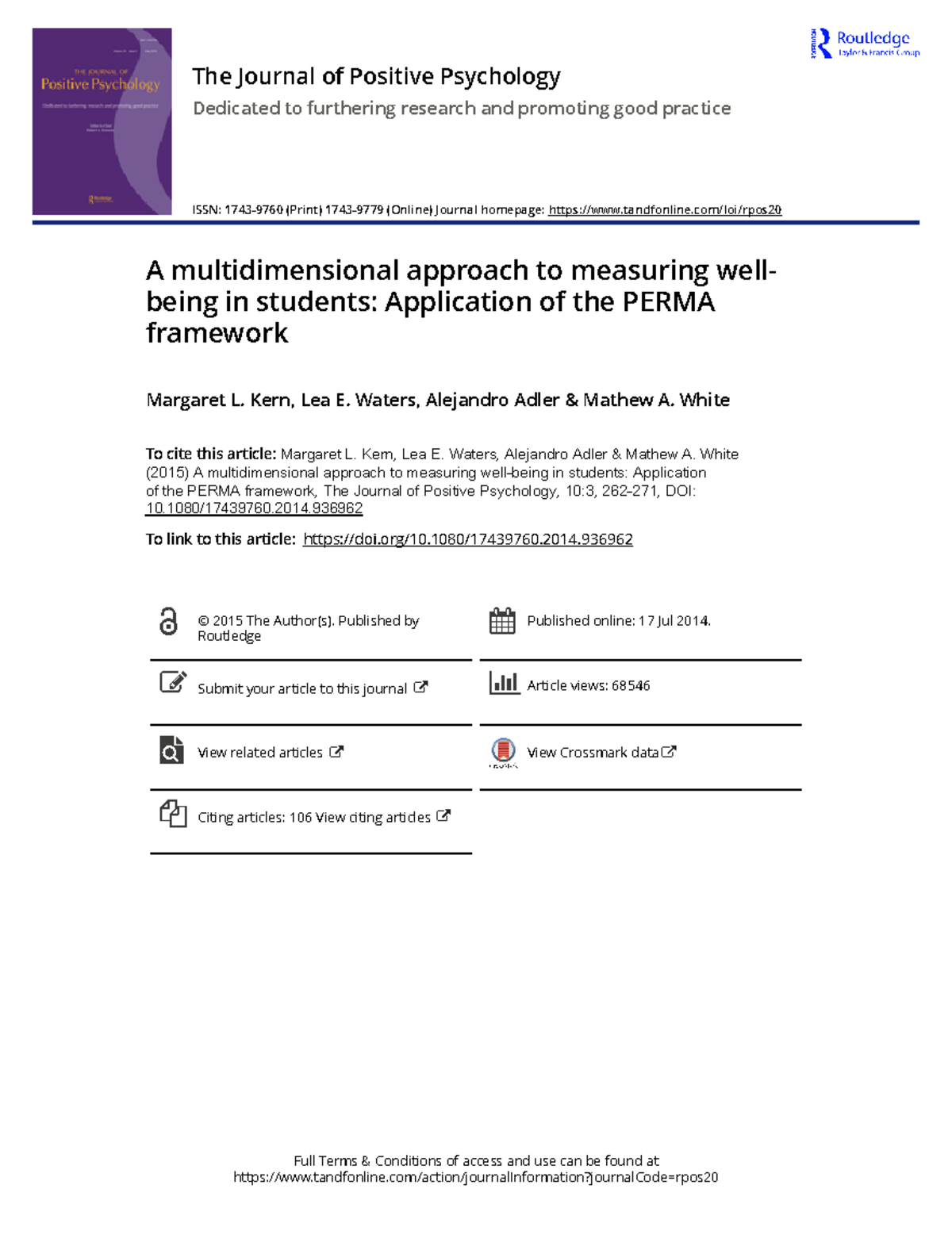 Measuring weelbeing using Perma - Full Terms & Conditions of access and ...