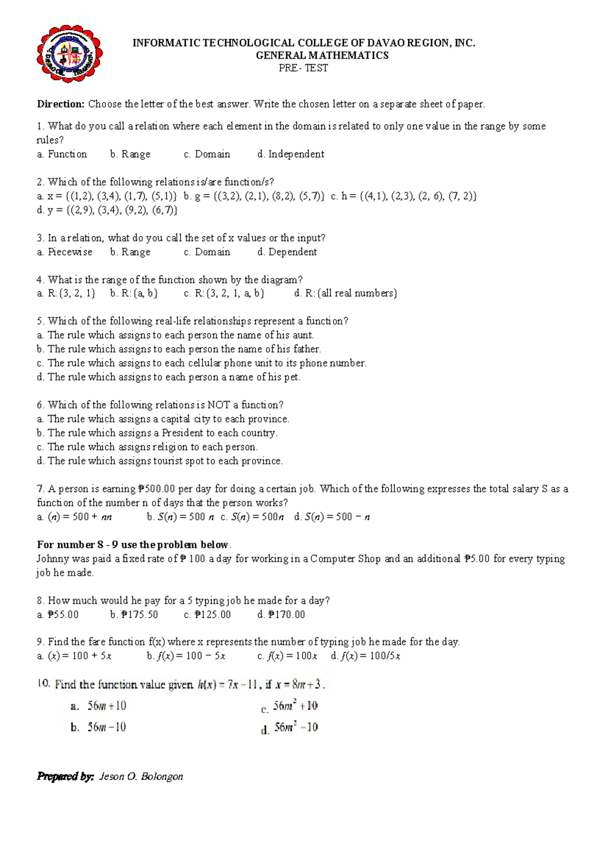 PRE TEST MATHEMATICS 11 - INFORMATIC TECHNOLOGICAL COLLEGE OF DAVAO ...