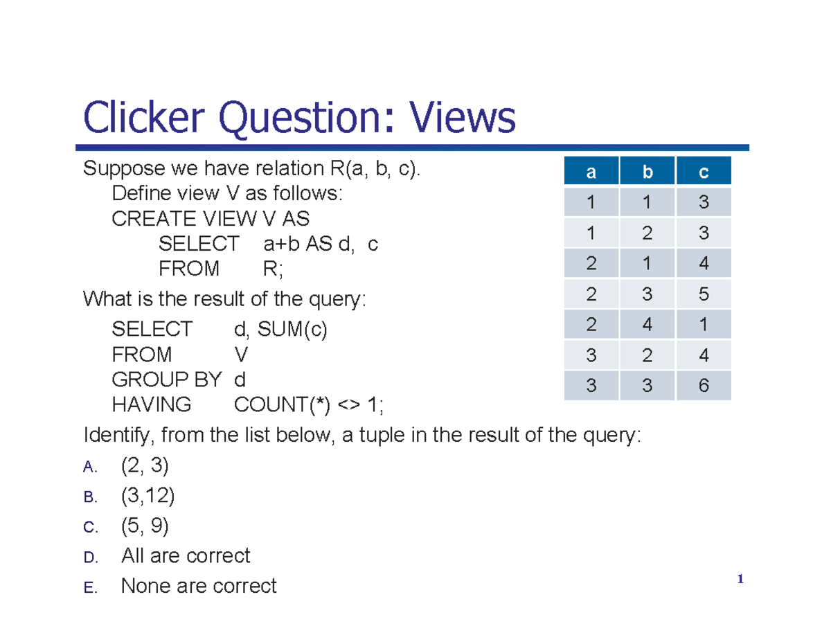Unit 11 SQL Clickers - Clicker Question: Views Suppose we have relation ...