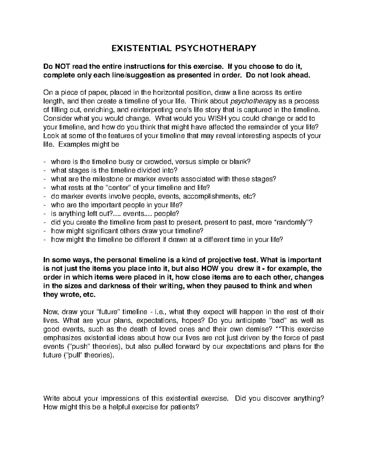 Revelly Existential Psychotherapy Exercise - EXISTENTIAL PSYCHOTHERAPY ...