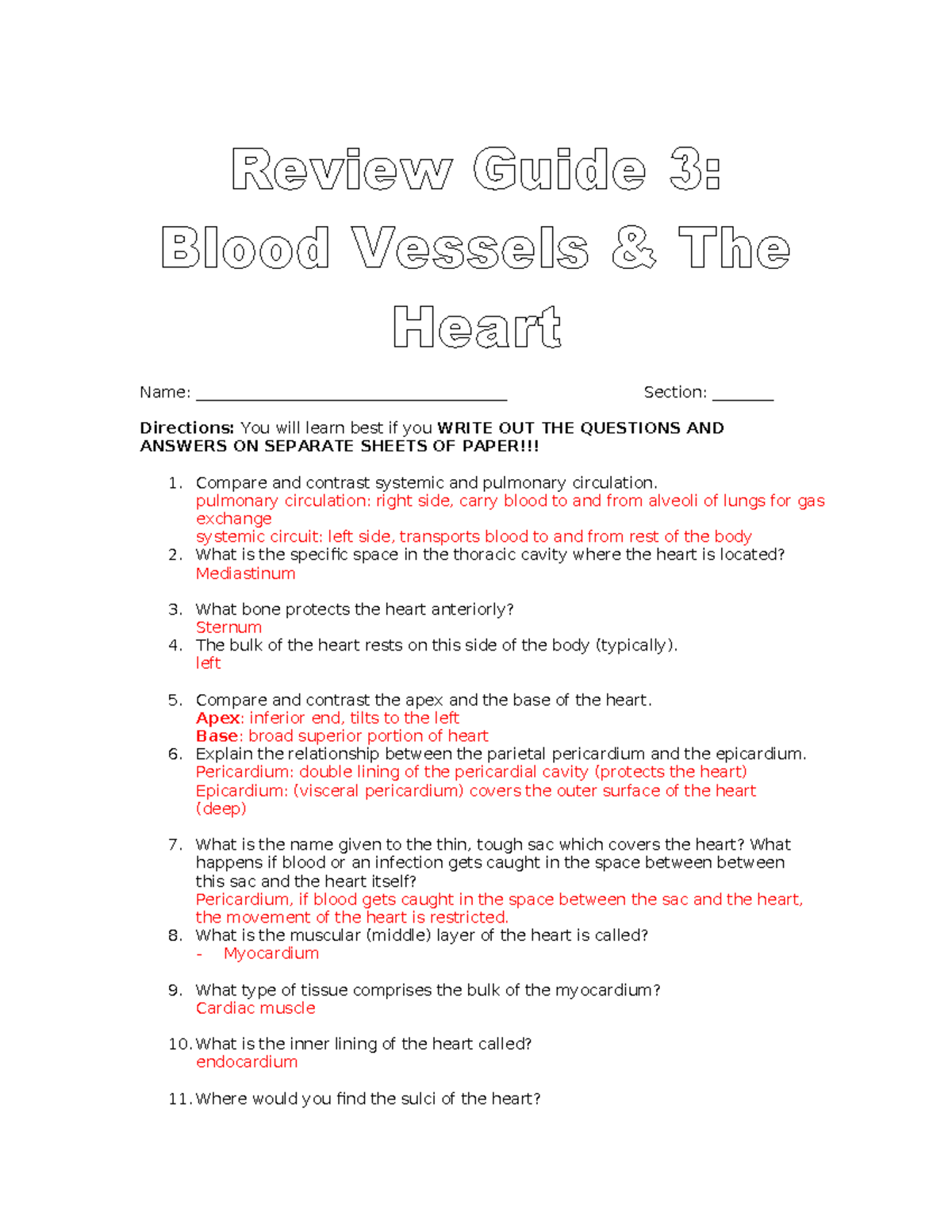 3 Blood Vessels & The Heart Review Guide - Name