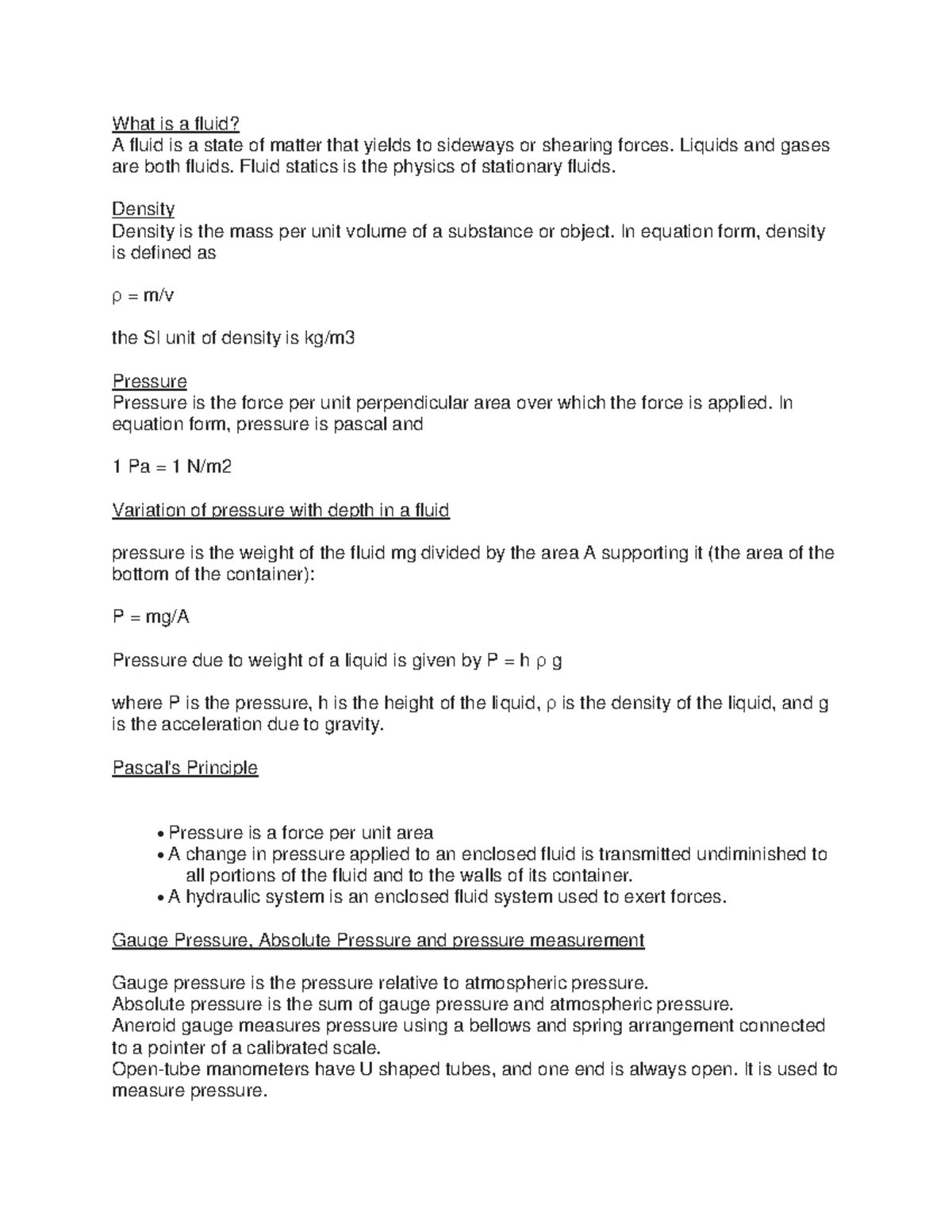 Class Notes Pascal Archimedes Buoyancy - What is a fluid? A fluid is a ...
