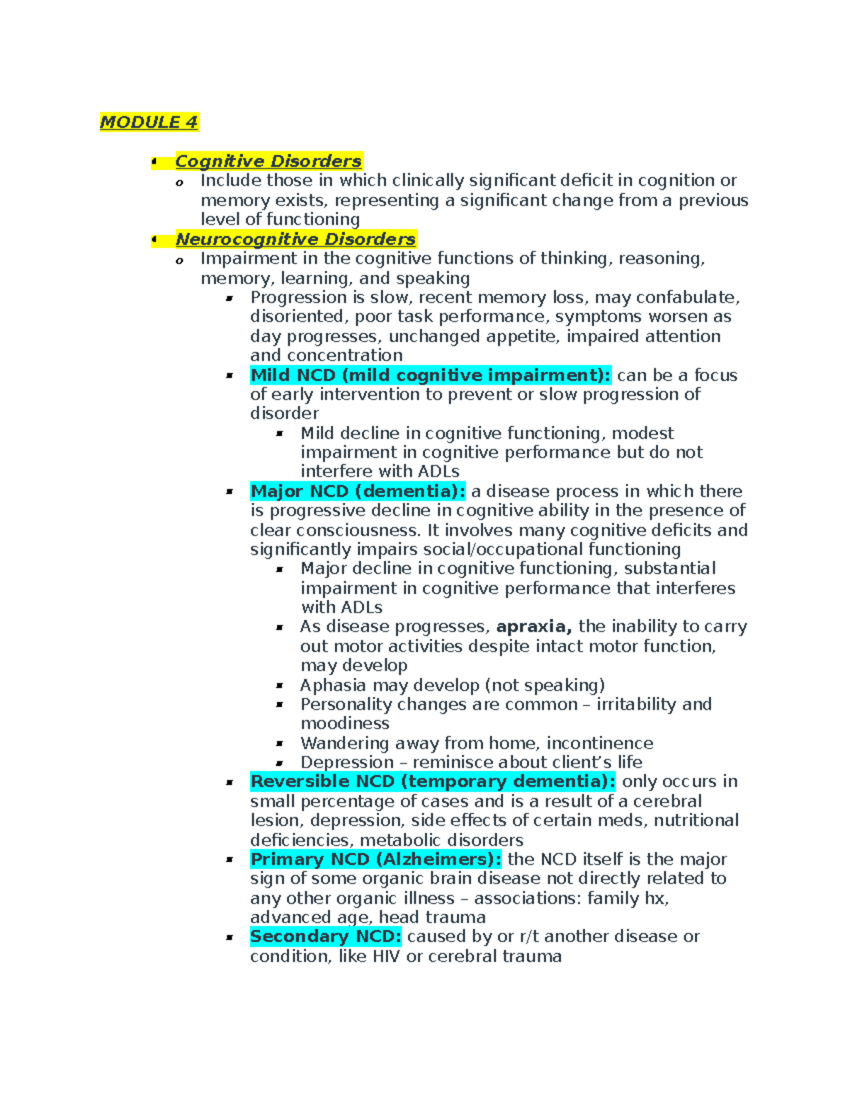 Exam 2 Module 4-7 - Lecture notes 4-7 - MODULE 4 Cognitive Disorders o ...