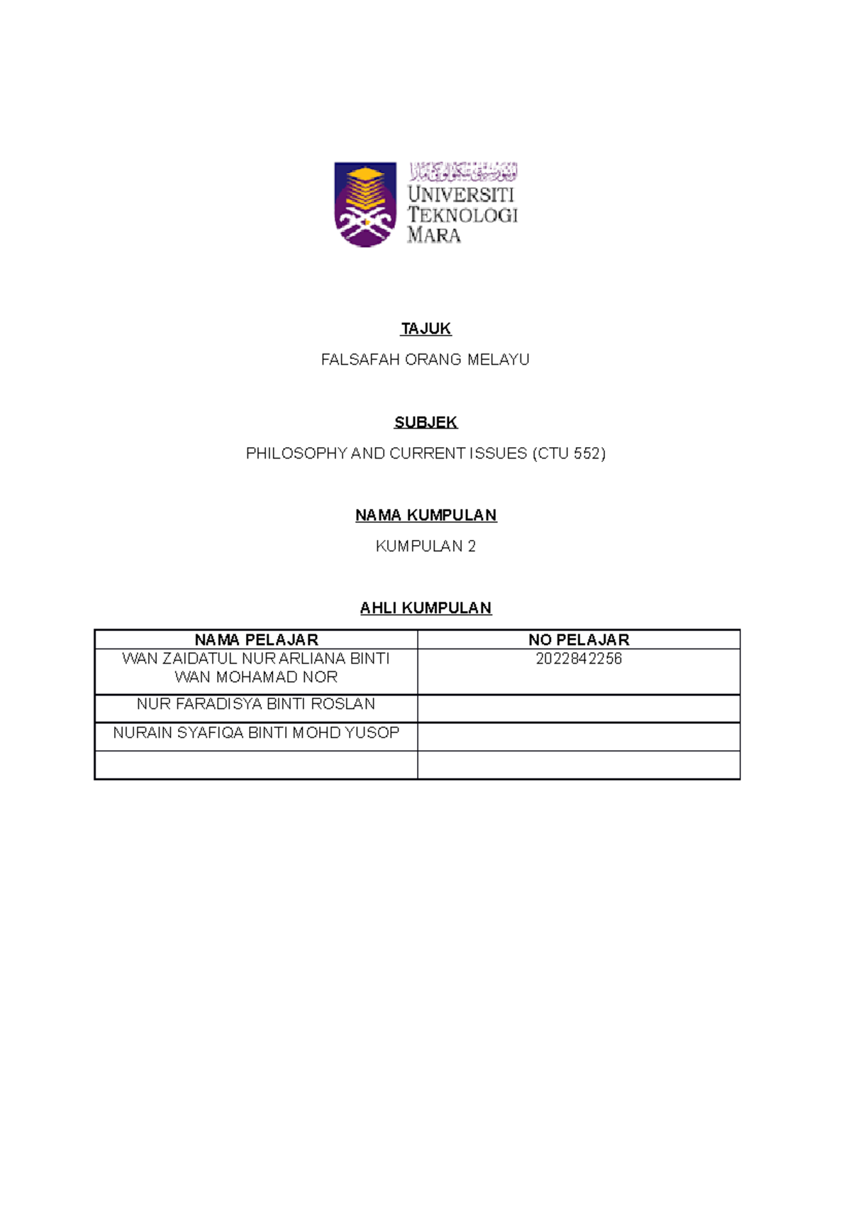 Falsafah Orang Melayu - Assignments - TAJUK FALSAFAH ORANG MELAYU SUBJEK PHILOSOPHY AND CURRENT ...