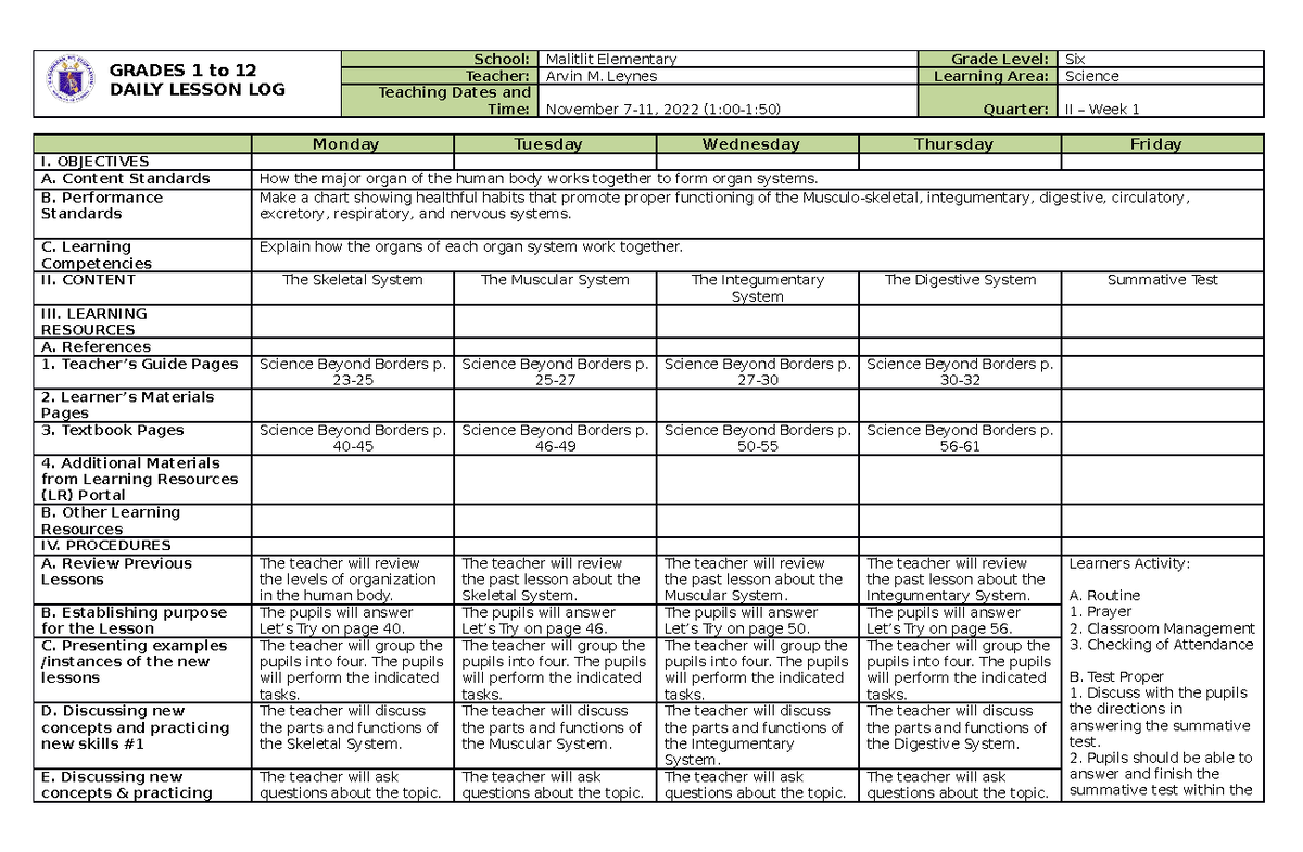 DLL Q2 WK 1 Science - GRADES 1 to 12 DAILY LESSON LOG School: Malitlit ...
