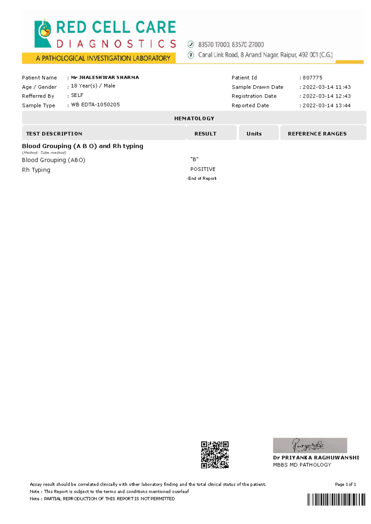 Blood Report - Hloo - HEMATOLOGY Patient Name Age / Gender Refferred By ...