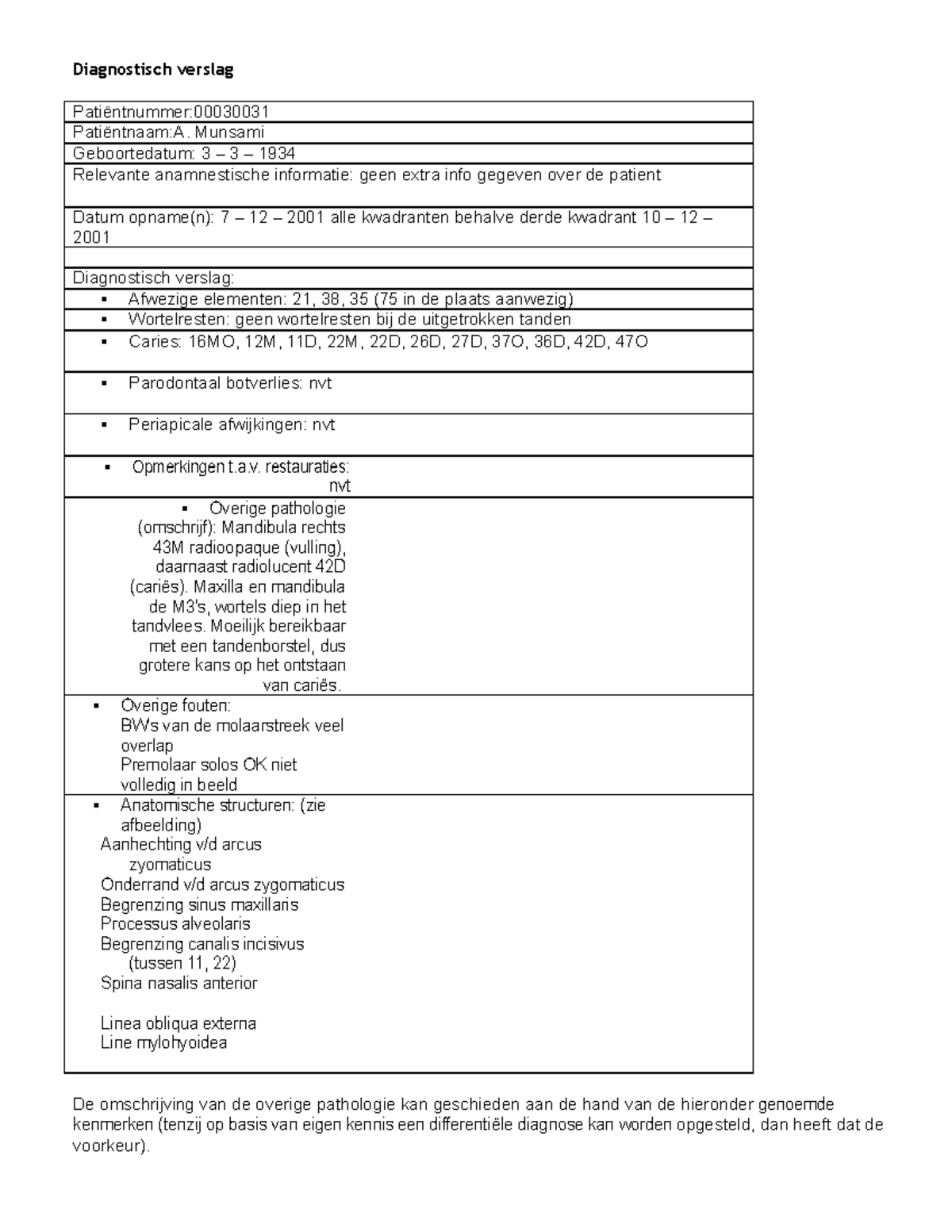 Invulformulier - casus patient munsami - Diagnostisch verslag ...