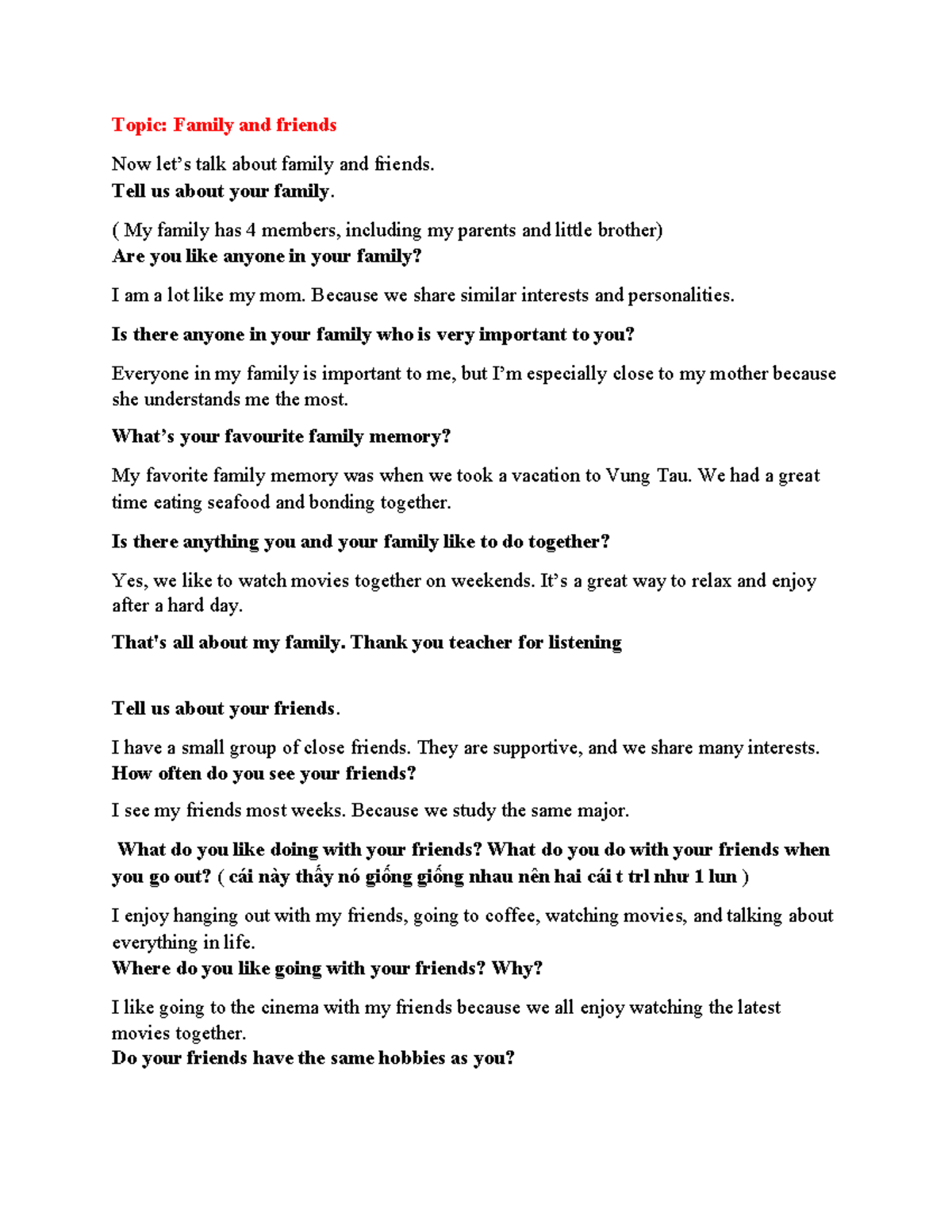 Topic speaking TATC3 - Topic: Family and friends Now let’s talk about ...