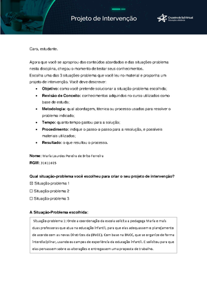 Projeto Integrador transdiciplinar em Pedagogia - Caro, estudante. Agora que você se apropriou ...