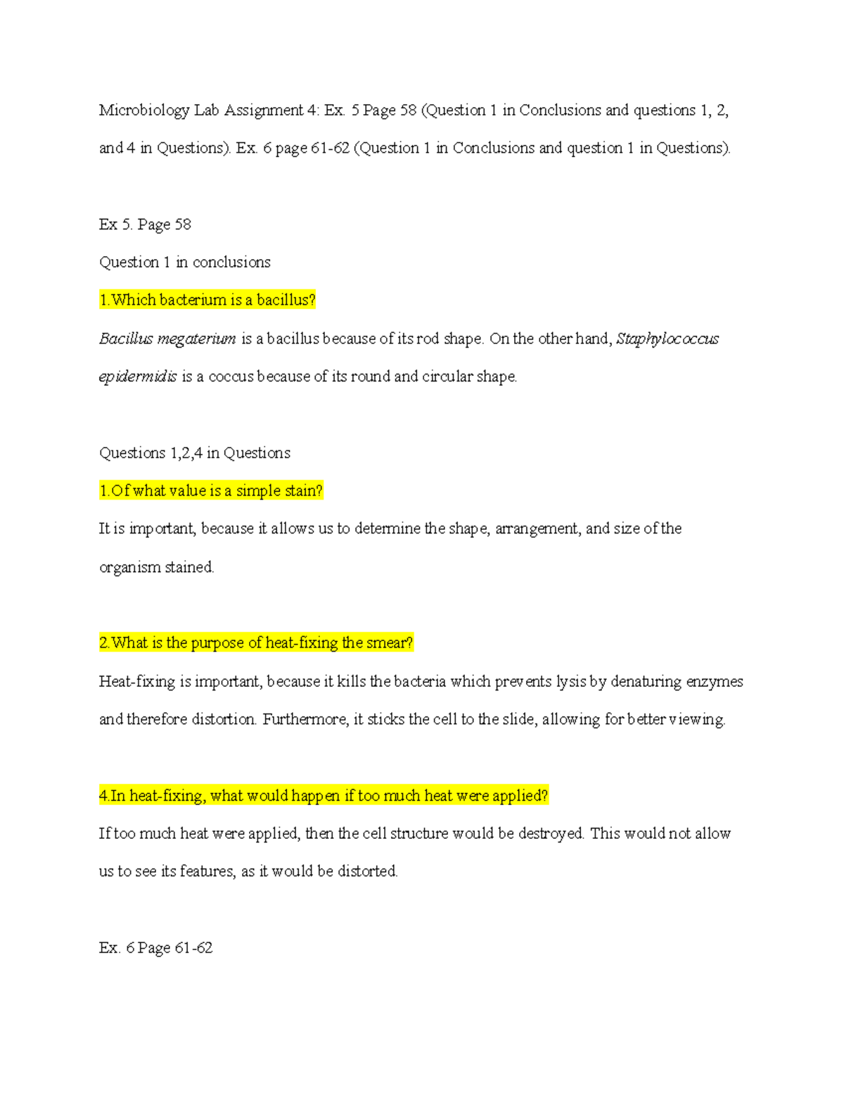 Microbio Lab HW 4 - Microbiology Lab Assignment 4: Ex. 5 Page 58 (Question 1 in Conclusions and ...