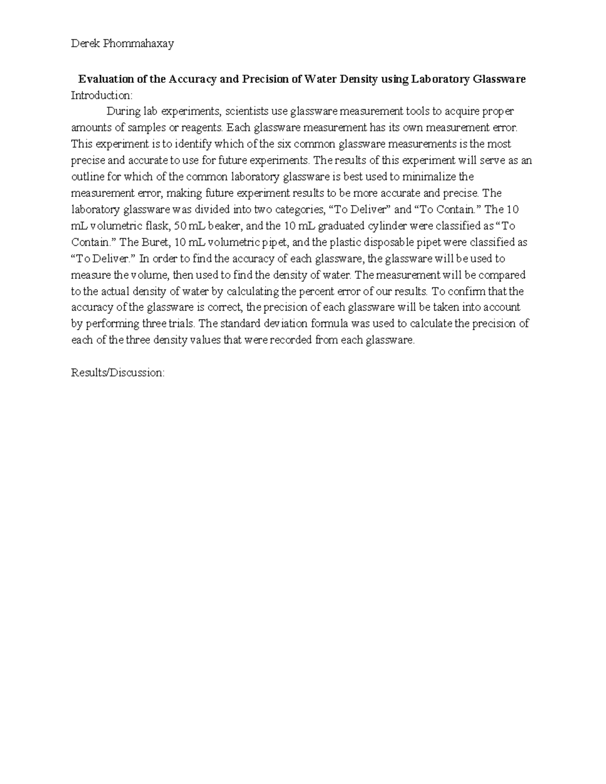 Chem Lab report #1 - Accuracy and Precision of Laboratory Glassware ...