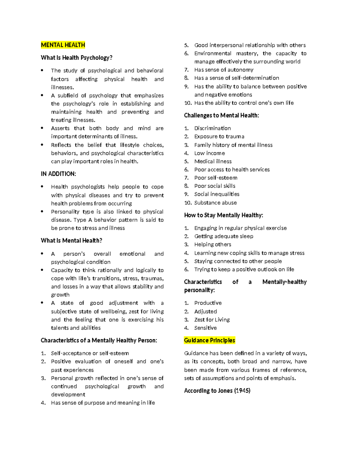 Lesson 15 - notes in mental health and guidance - MENTAL HEALTH What is ...