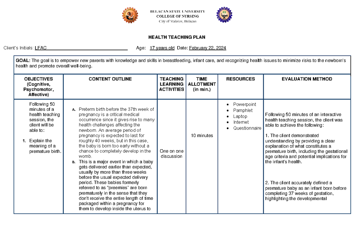 Health Teaching PLAN jrc - HEALTH TEACHING PLAN Client’s Initials: LFAC ...