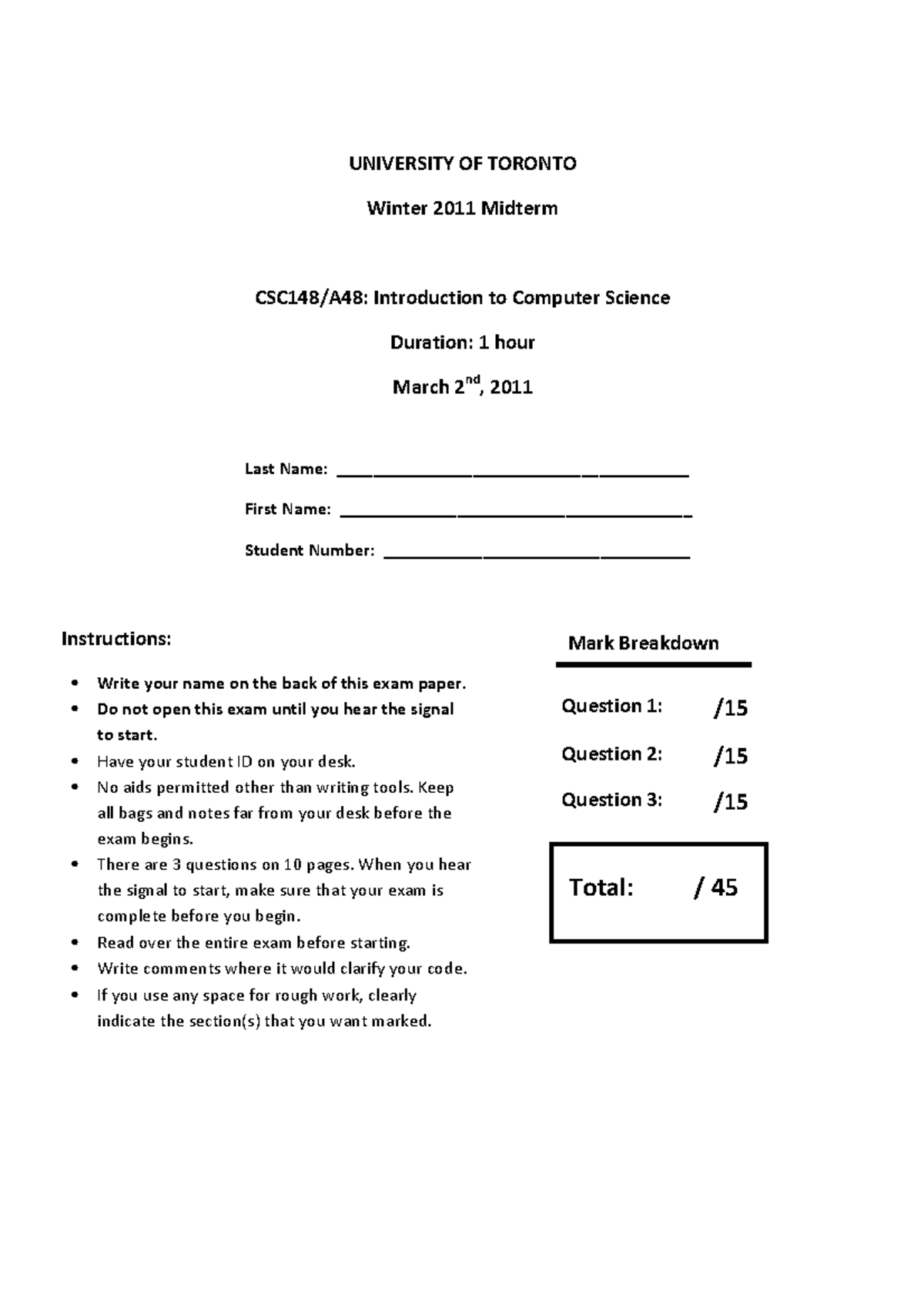 Term test 2 csc148 - UNIVERSITY OF TORONTO Winter 2011 Midterm CSC148 ...