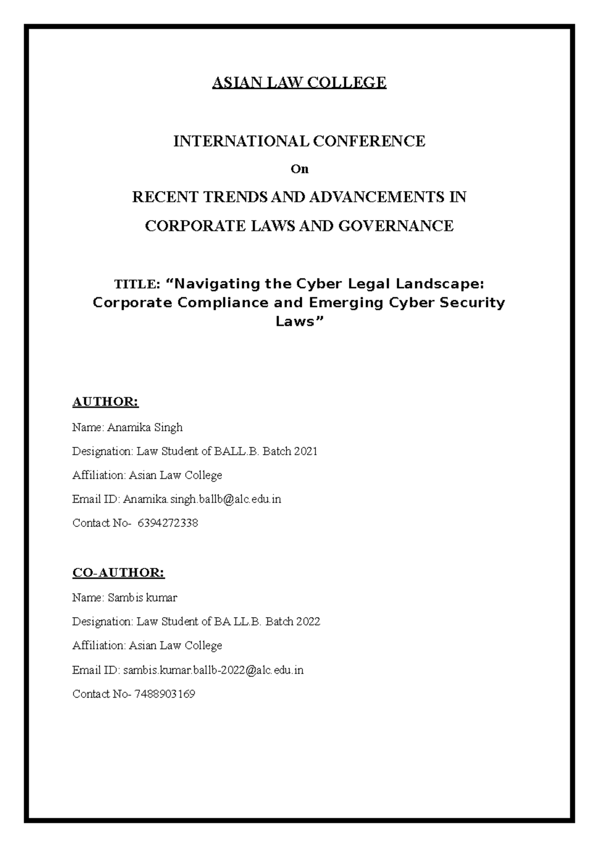 Abstract final - ASIAN LAW COLLEGE INTERNATIONAL CONFERENCE On RECENT ...