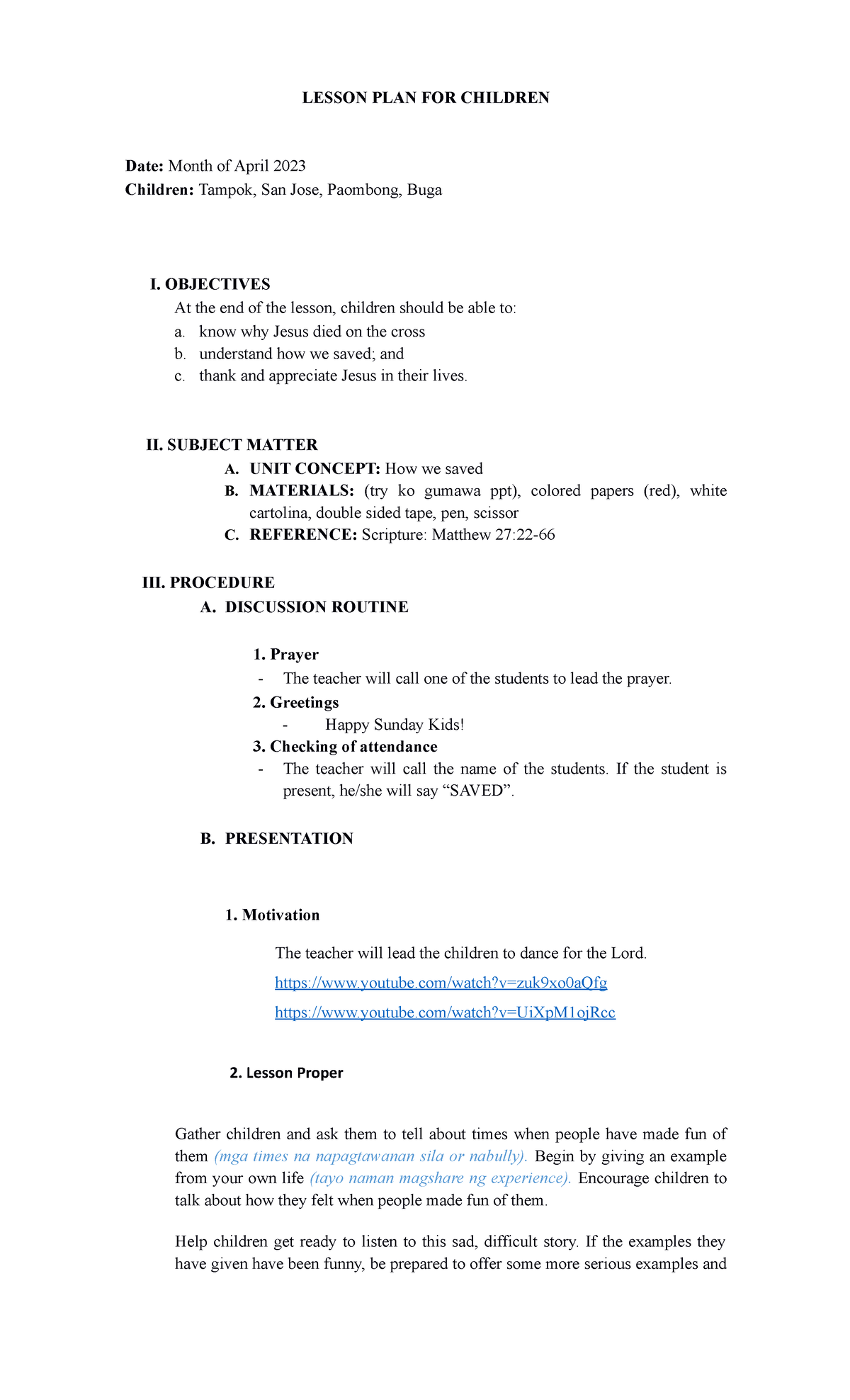 April Lesson Activity Games and Movie - LESSON PLAN FOR CHILDREN Date ...