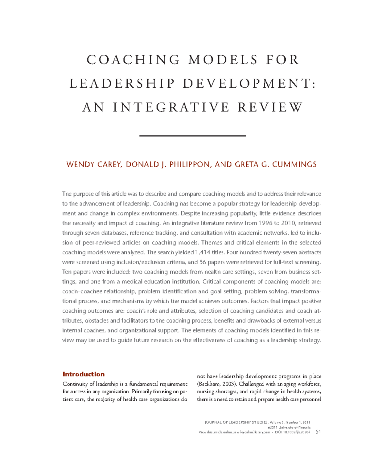 Coaching Models FOR Leadership Development - JOURNAL OF LEADERSHIP ...