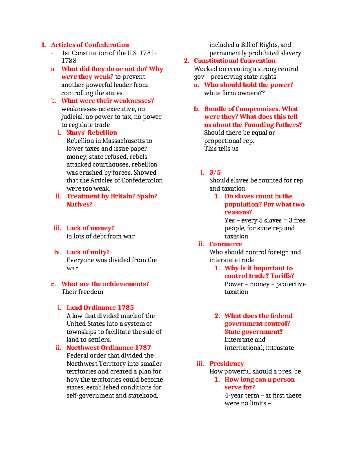 Constitution Review Sheet - Articles of Confederation 1st Constitution ...