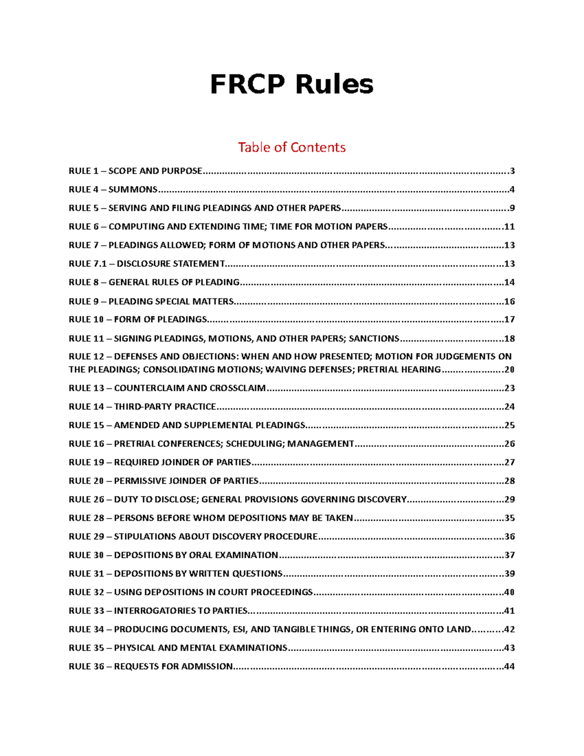 FRCP Rules Final - FRCP Rules RULE 1 – SCOPE AND - Studocu