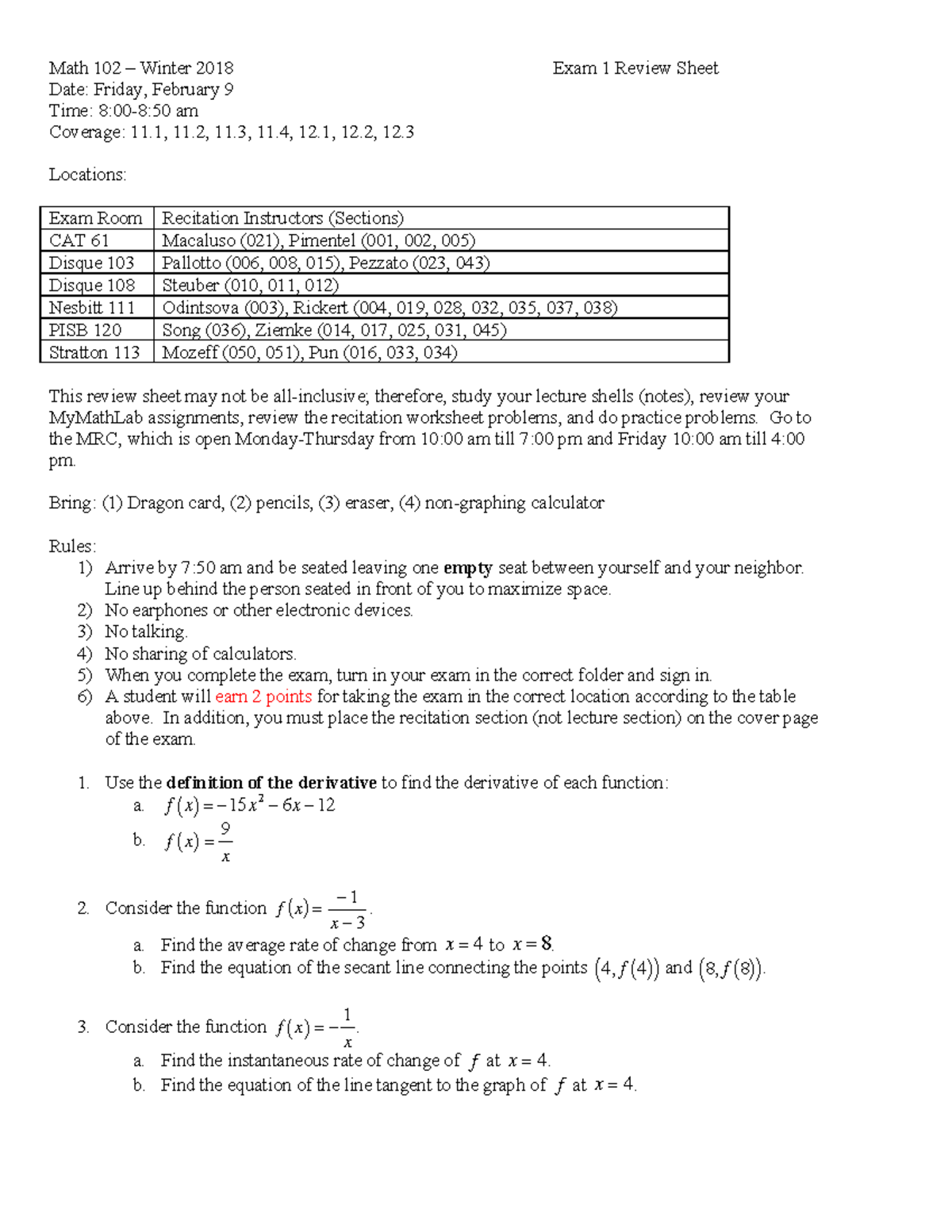 MATH 102 X1 Review Sheet And Solutions Winter 2017 18 Math 102