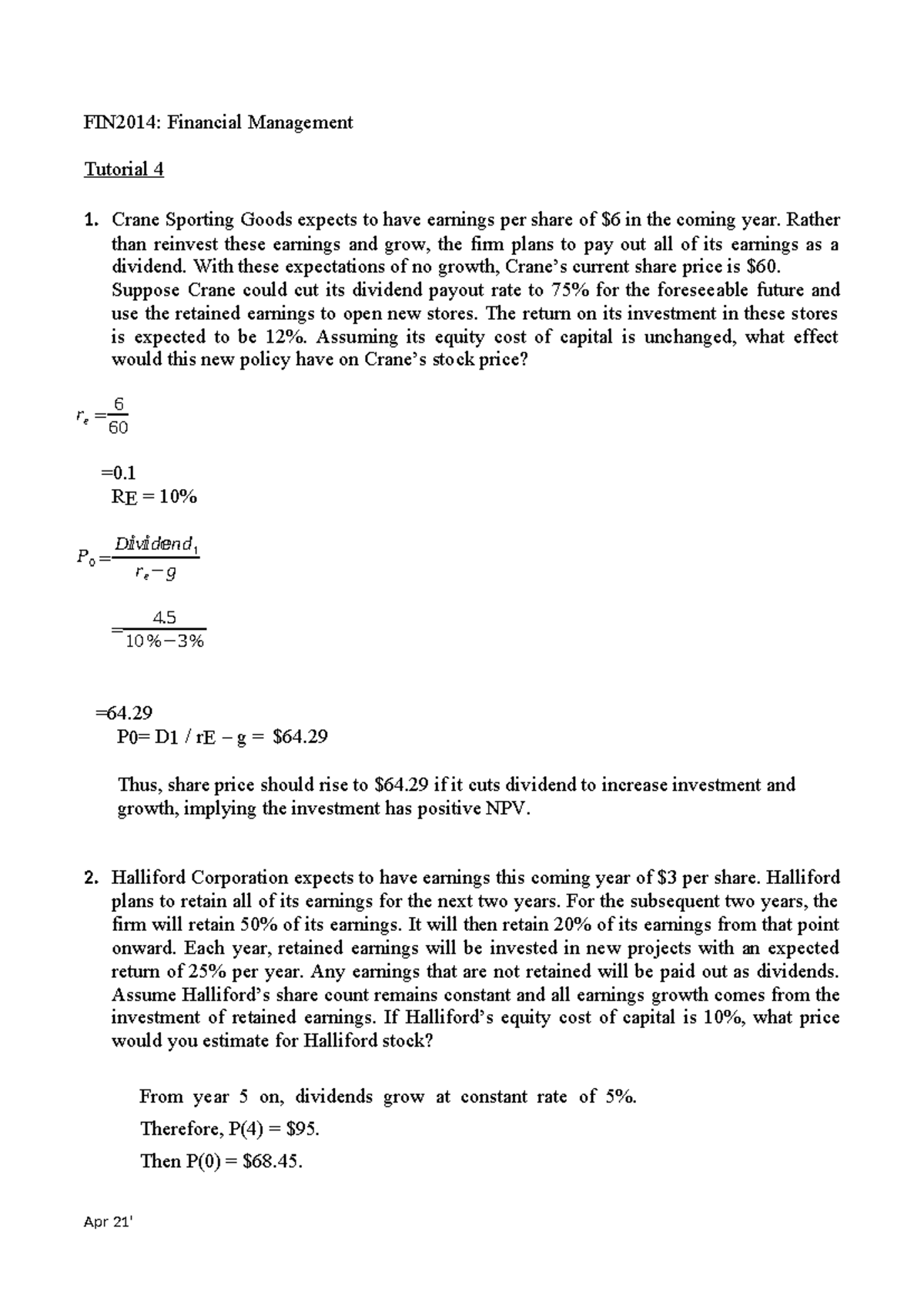 Tutorial 4n Bb-ans - FIN2014: Financial Management Tutorial 4 1. Crane ...