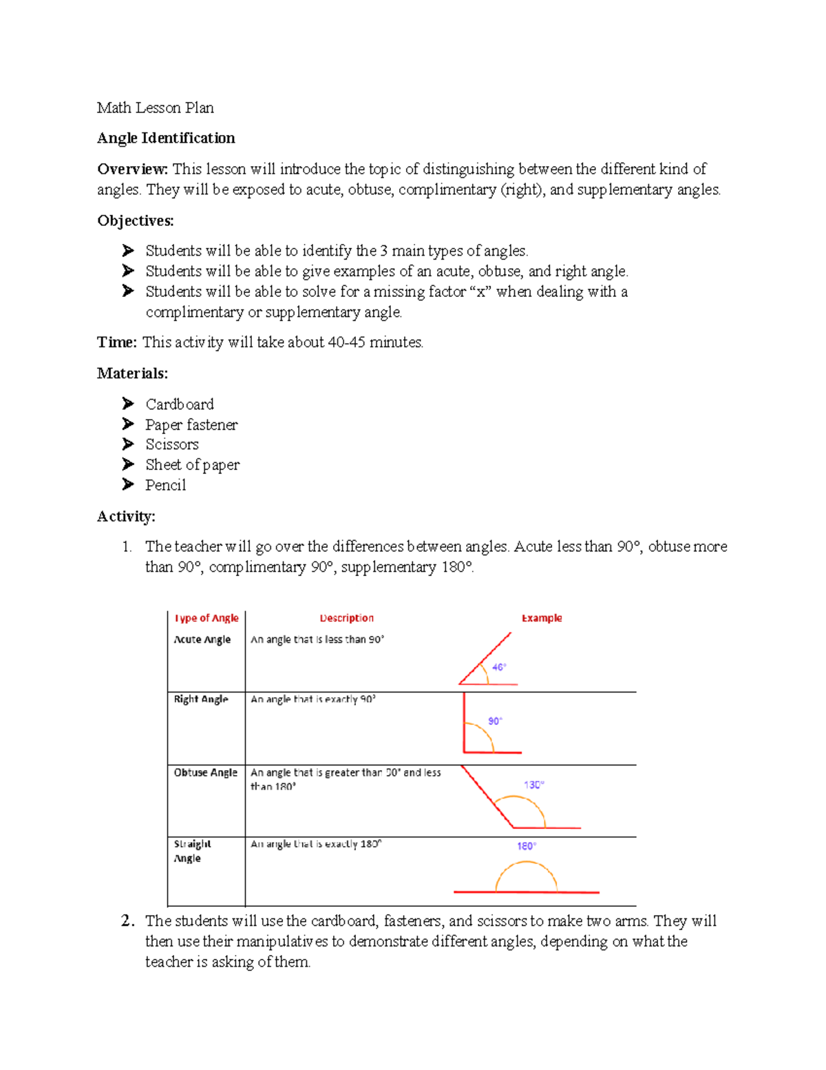 MAT151 Lesson Plan2 - Math Lesson Plan Angle Identification Overview ...