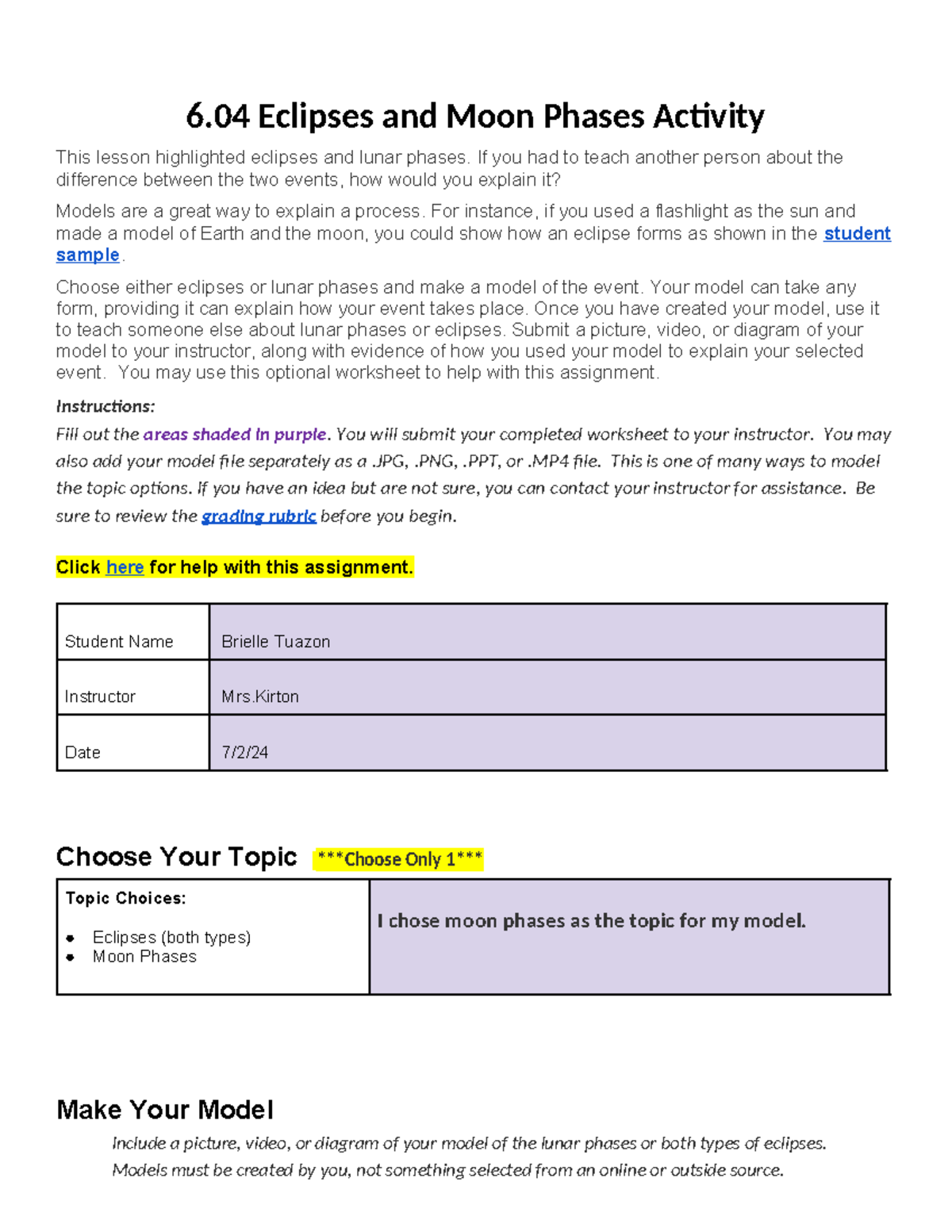 Copy of 6.04 Eclipses and Moon Phases Activity Worksheet - 6 Eclipses ...