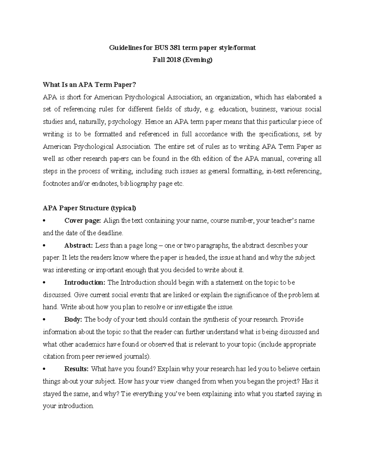 General notes on APA style - Guidelines for BUS 381 term paper style ...