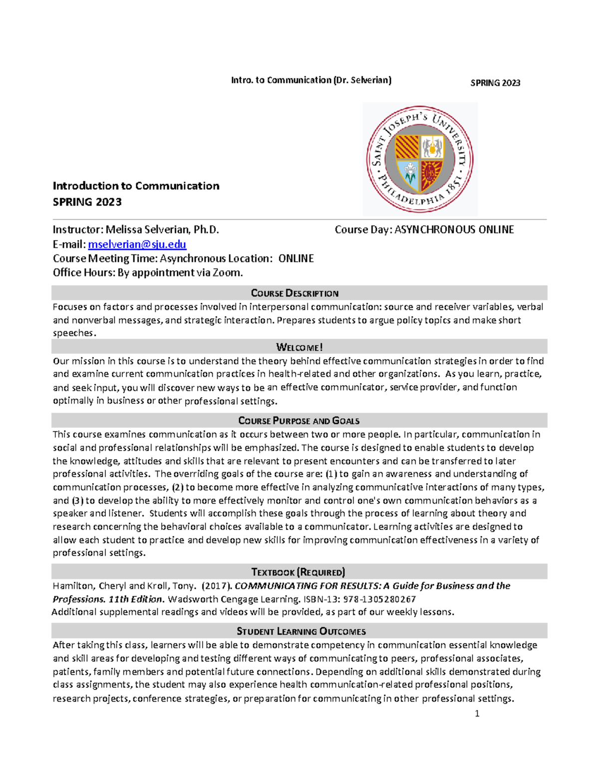 Syllabus - Introduction to Communication (Selverian)- Spring 2023 ...